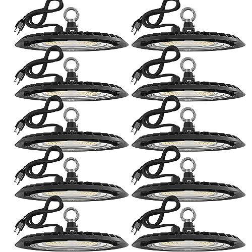 Sunco 10 Pack UFO LED Plug & Play High Bay Light, Lighting for Warehouse, 5000K Daylight, 150W, Power Cord Included, 19500 LM, 120VAC, IP65 Waterproof Shatterproof Fixture - UL Listed