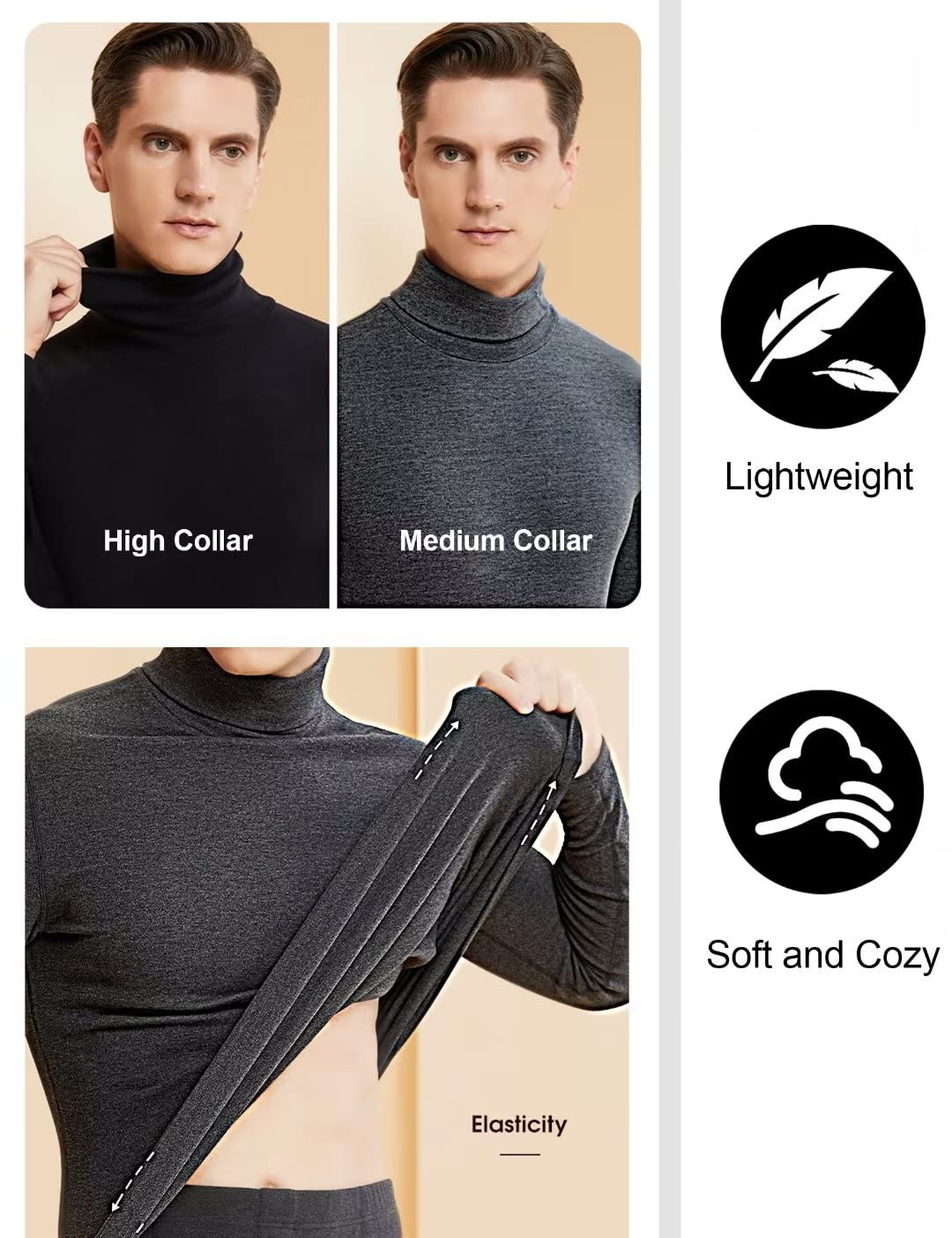 HOPLYNN Men's 2 Pack Fleece Lined Turtleneck Men Thermal Turtle Neck Long Sleeve Shirts Mock Pullover Sweater Tops Black Grey X-Large
