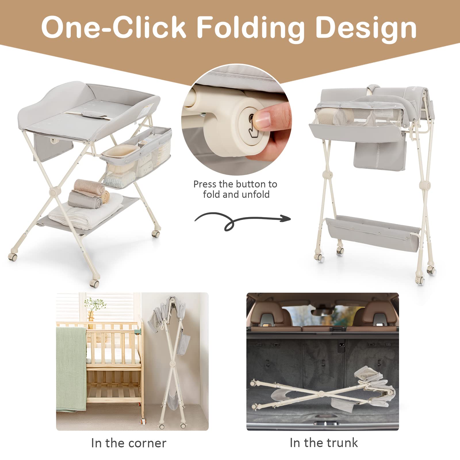GLACER Foldable Diaper Changing Station, Height Adjustable Changing Table with Storage, Removable & Lockable Wheels, Safety Belt, Water Basin, Mobile Nursery Organizer for Baby Infant Newborn (Gray)