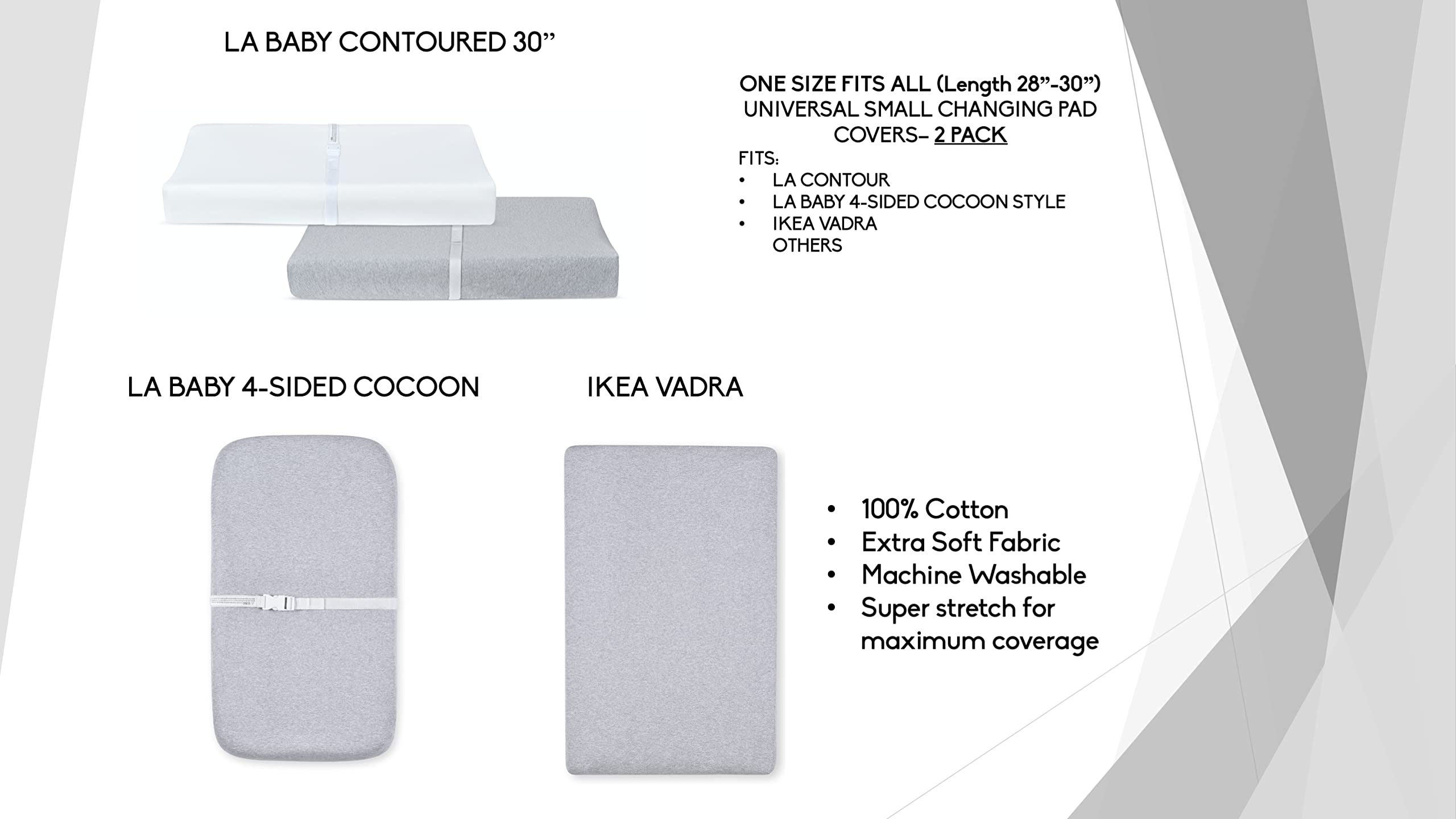 Small Changing Pads Covers for Convertible Crib & Changing Combo - 2 Pack | Fits 28" - 30" | Universal Fit | 100% Cotton | Fits LA Contour, LA Cocoon Style, IKEA Vadra, Others