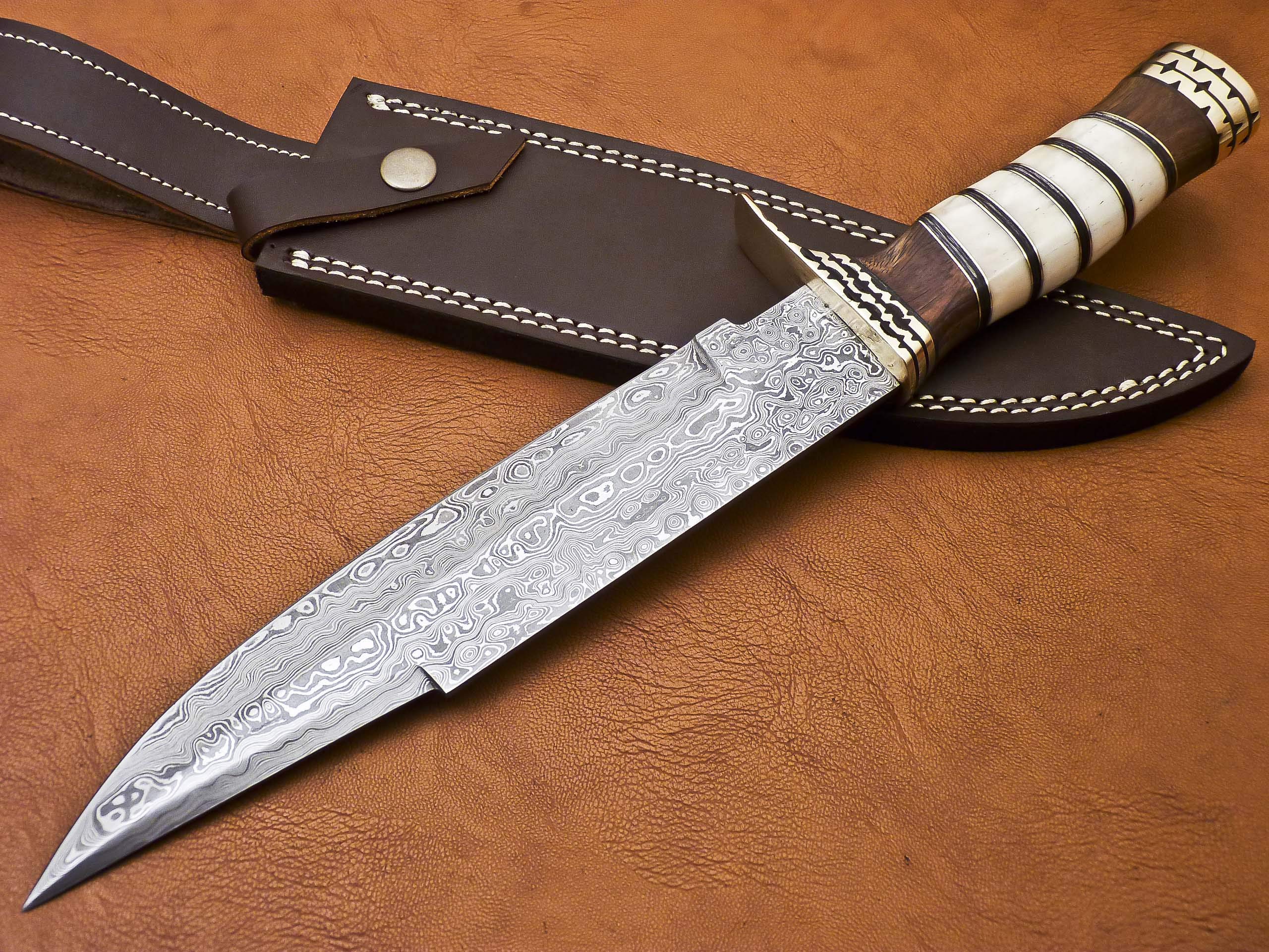 Custom Damascus Hunting Knife Camping Knife With Burl Wood Handle