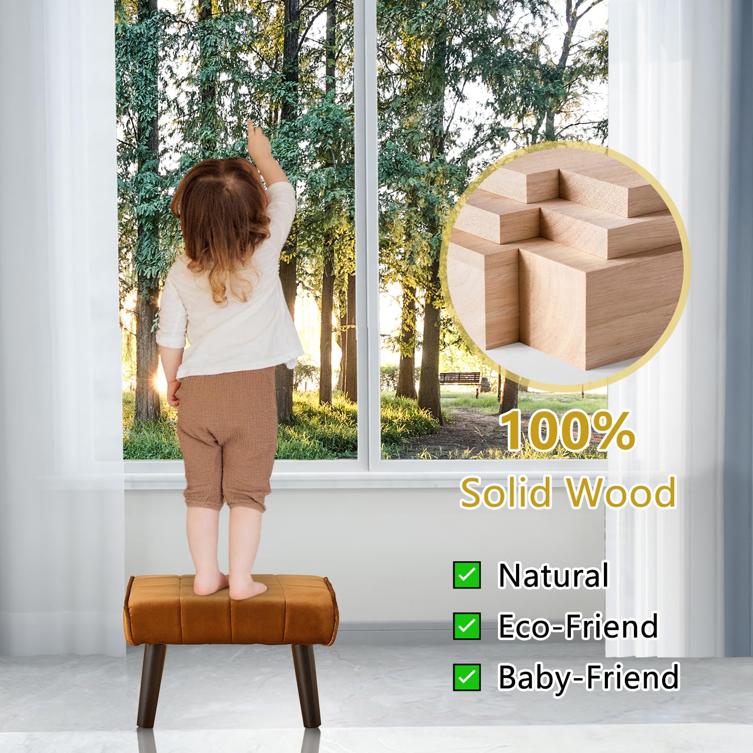 Cpintltr Small Foot Stool Ottoman Modern Accent Step Stool Seat with Solid Wood Legs Velvet Soft Padded Pouf Ottomans Sofa Footrest Stools 16 inch for Couch Living Room Bedroom Entryway Brown