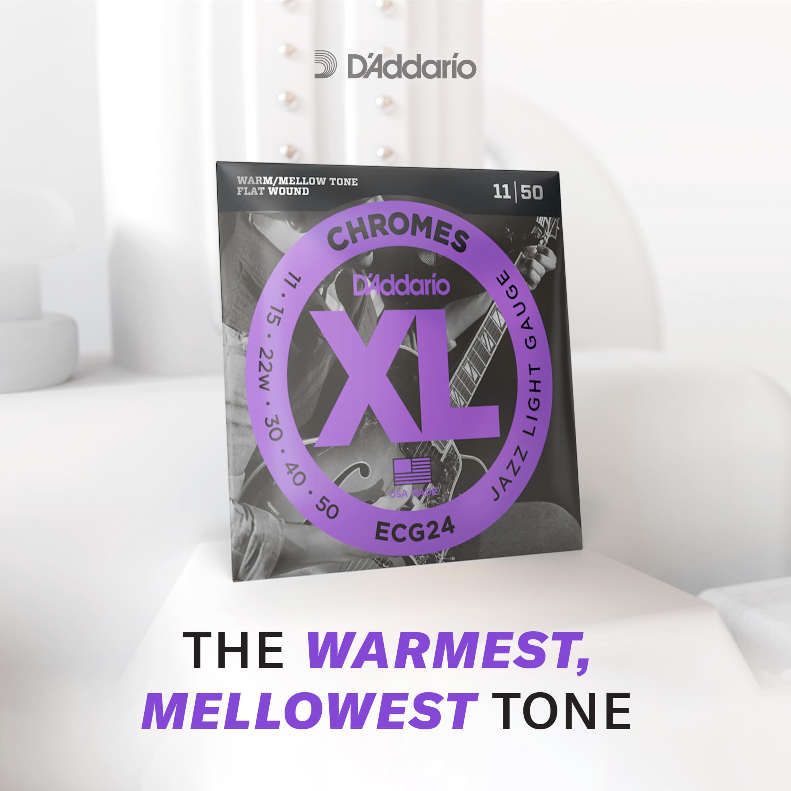 D'Addario Guitar Strings - XL Chromes Electric Guitar Strings - Flat Wound - Polished for Ultra-Smooth Feel and Warm, Mellow Tone - ECG24 - Jazz Light, 11-50, 1-Pack