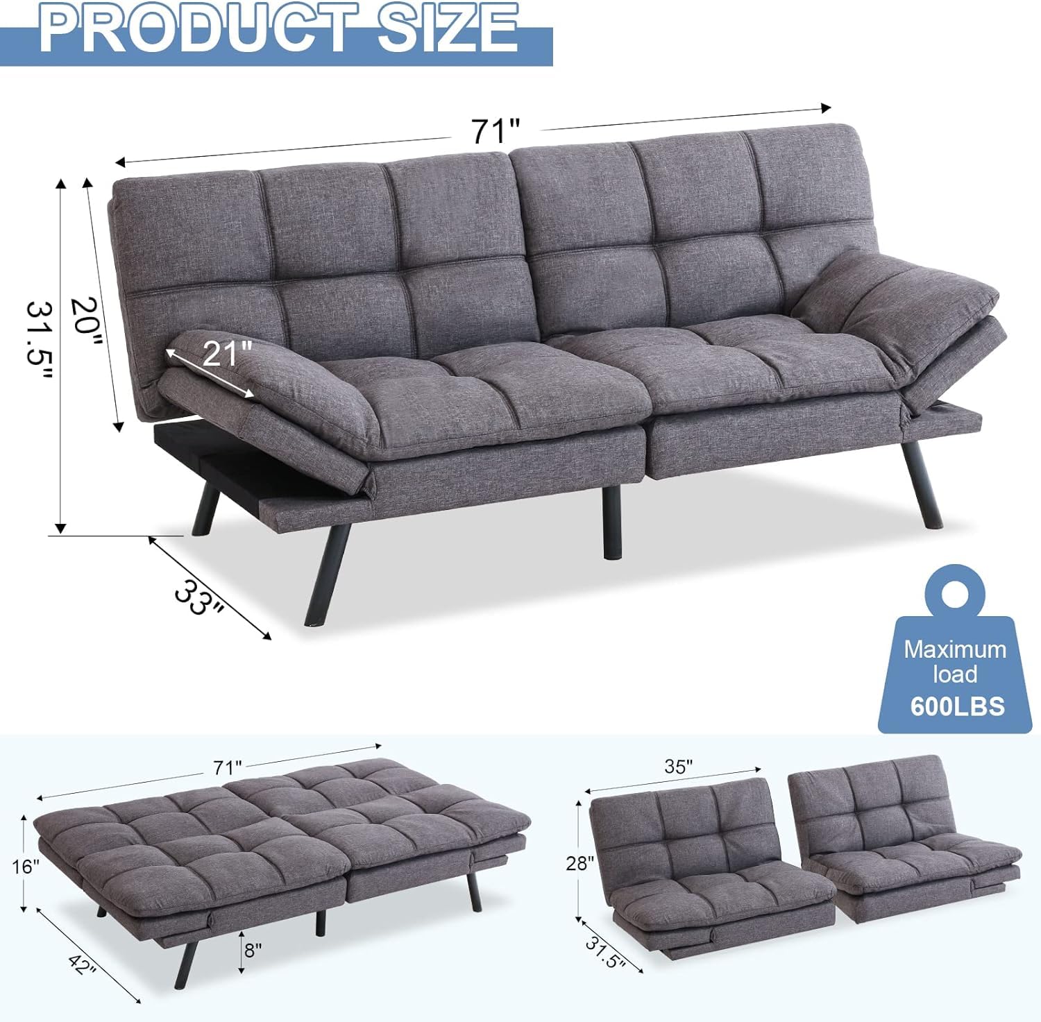 MUUEGM Convertible Futon Couch Bed Sofa,Loveseat Sleeper Sofa Bed Couch,Memory Foam Modern Futon Adjustable Armrest and Backres,Sleeping Sofa for Living Room,Small Space,Apartment Office,Dark Gray