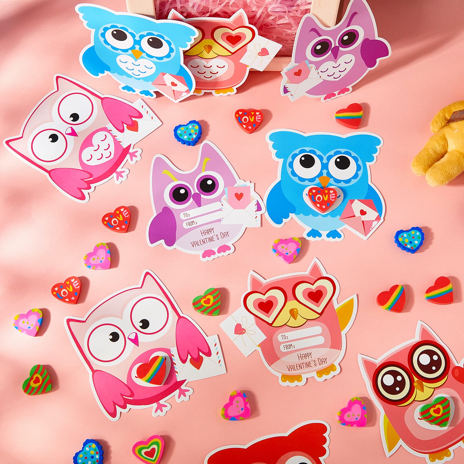 Gueevin 90 Pcs Valentine's Day Owl Craft Kits for Kids Include 30 Owl Valentine Day Card, 30 Heart Love Mini Erasers, 30 Dot Stickers DIY Craft for Teacher Student Classroom Activities Gift Exchange