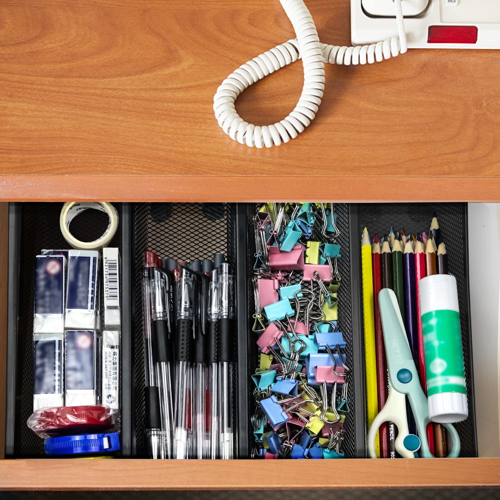 Fodofodo 2PCS Drawer Organizer,Drawer Organizer for Kitchen,Utensil Mesh Drawer Organizer with Interlocking Arm for Cosmetic,Flatware,Pen (9 * 3 * 2 Inches,Black)