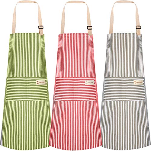 hatisan Cotton Linen Adjustable Bib Aprons with 2 Pockets Cooking Kitchen Aprons for Men Women (Stripe)