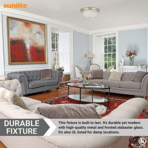 Sunlite 04591 15-Inch Traditional Dome Ceiling Light, Classic Decorative Flush Mount Fixture, Alabaster Glass Shade, 3-60W A19 Bulbs (Not Included), For Bedrooms, Hallways & Bathrooms, Brushed Nickel