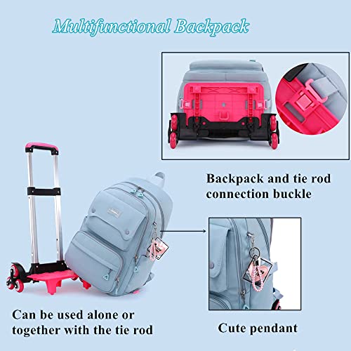 LANSHIYA Solid Color Girls Rolling Backpack with Wheels Schoolbag Elementary School Student Trolley Daypack