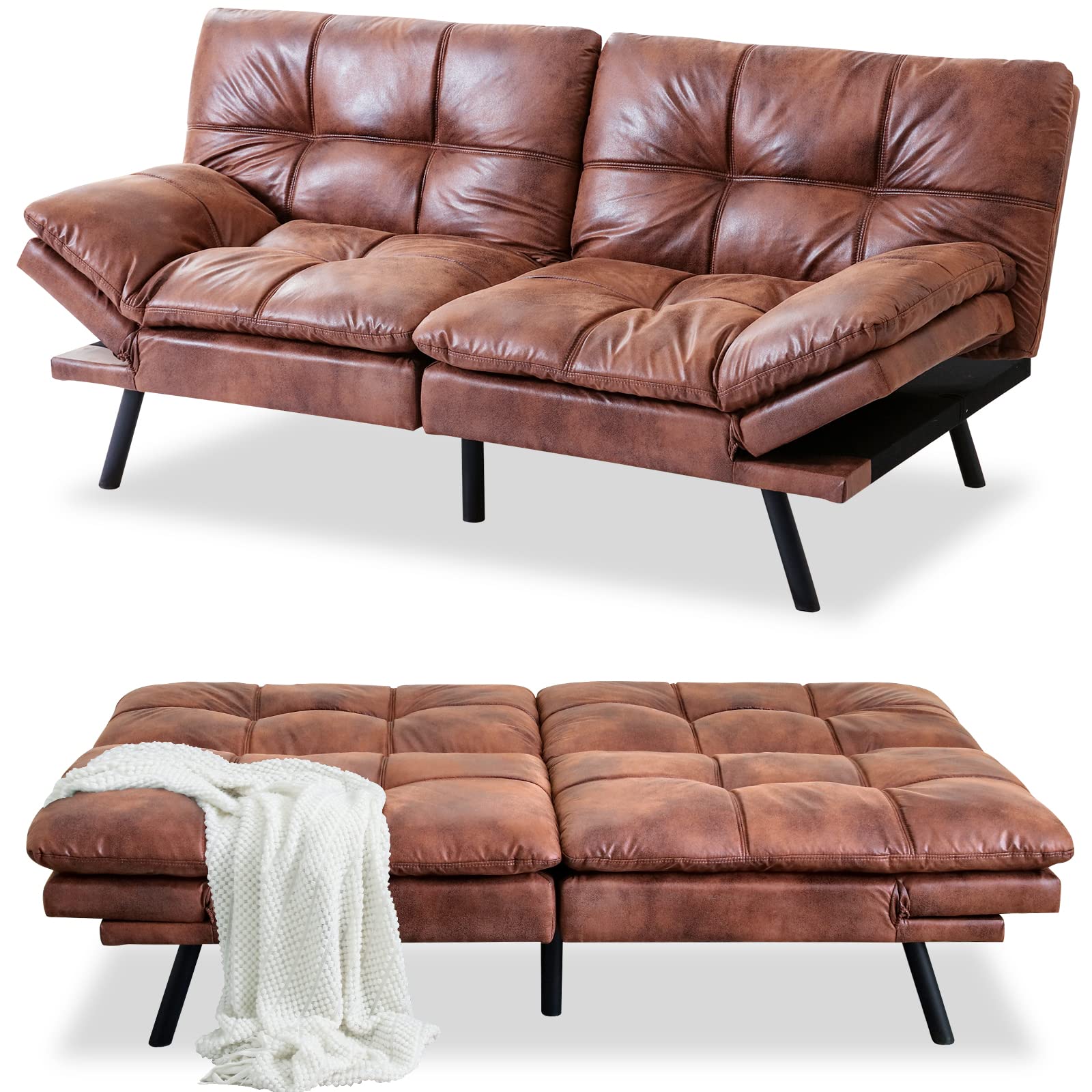 MUUEGM Futon Sofa Bed Memory Foam Futon Couch Bed Sofa Sleeper,Modern Convertible Faux Leather Futon for Living Room,Small Love seat for Apartment Office,w/Adjustable Armrests Backrest,Brown
