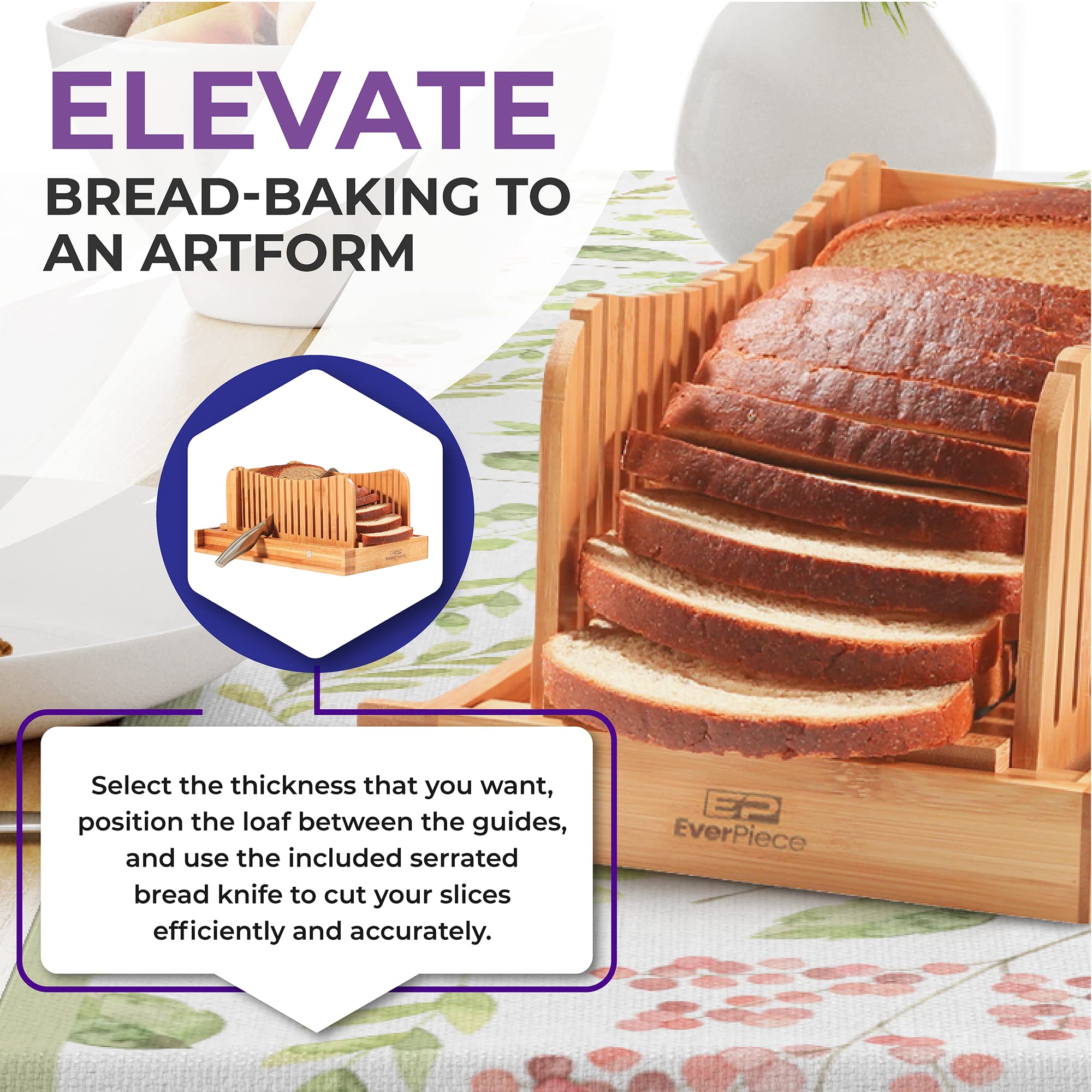 EverPiece Bread Slicer for Homemade Bread, Bamboo Bagel and Bread Slicing Guide with Crumb Tray and Knife Has 3 Thickness Settings, Folds Flat for Easy Storage with Bread Making Tools and Supplies
