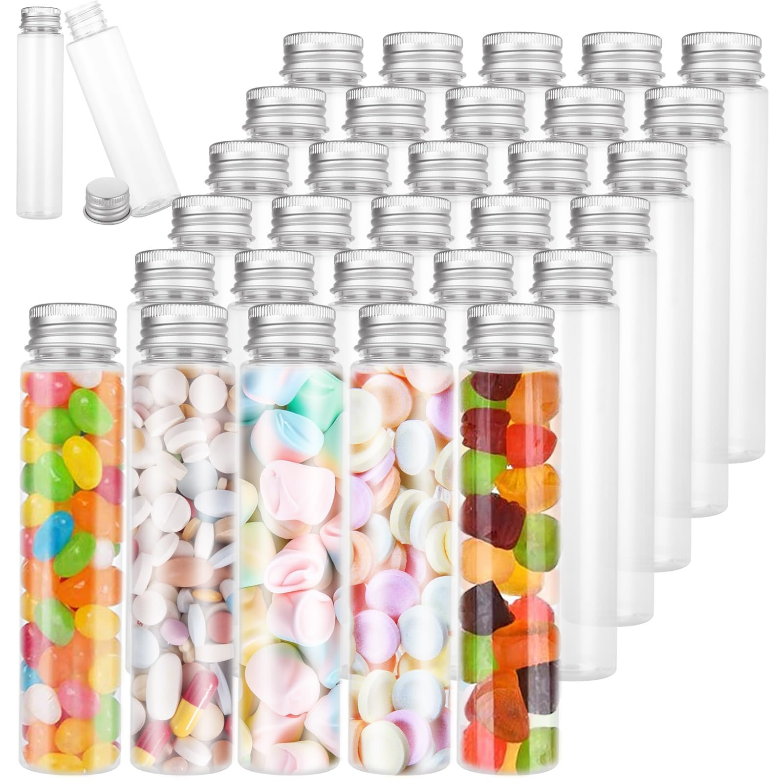 LDXDRU 60Pcs 50ml Plastic Test Tubes with Caps, Clear Test Ttube Candy Containers, Flat Bottomed Test Tube Container for Gumball Candy Beads Decoration, Scientific Experiments