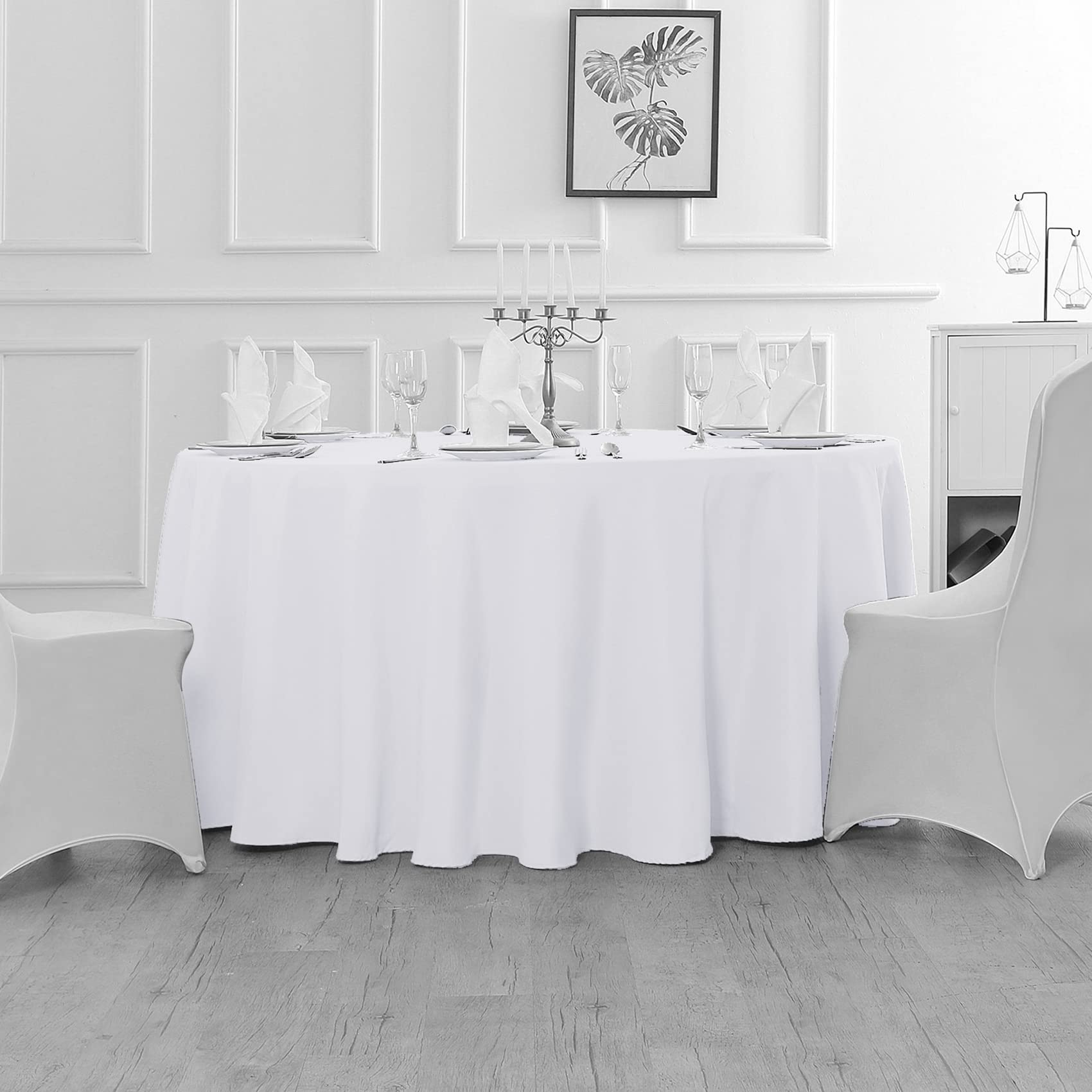 Fokitut 2 Pack Waterproof Round Tablecloth, 120 Inch, Stain Resistant and Wrinkle Polyester Table Cloth, Fabric Table Cover for Kitchen Dining, Wedding, Party, Holiday Dinner-White