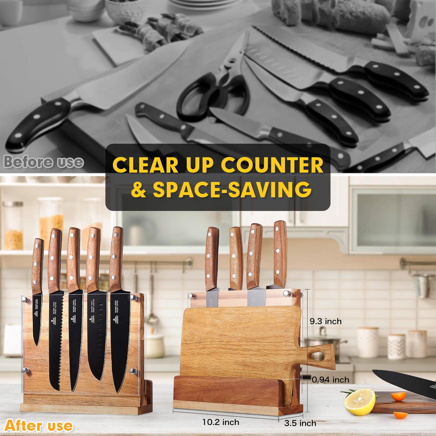ENOKING 6PCS Knife Set with block, Magnetic Wood Knife Holder with Acrylic Shield, German High Carbon Stainless Steel Blades