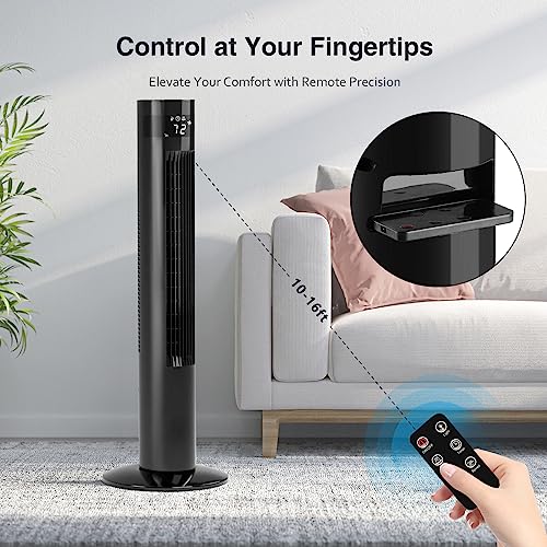 R.W.FLAME Tower Fan, Oscillation fan with Remote Control, Standing fan for office, 3 Wind Modes,Time Settings, Portable Bladeless Floor Fans for Home with Children/Pets/Elders(35", Black)
