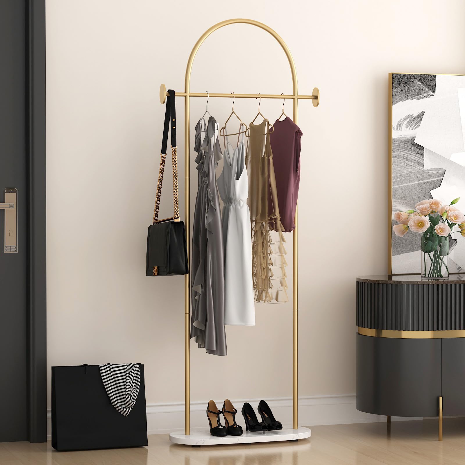 KADIGANG Black Clothing Rack, Modern Clothes Rack with Shelf, Heavy Duty Freestanding Coat Rack, Metal Coat Hanger Stand with Hooks for Boutique Office