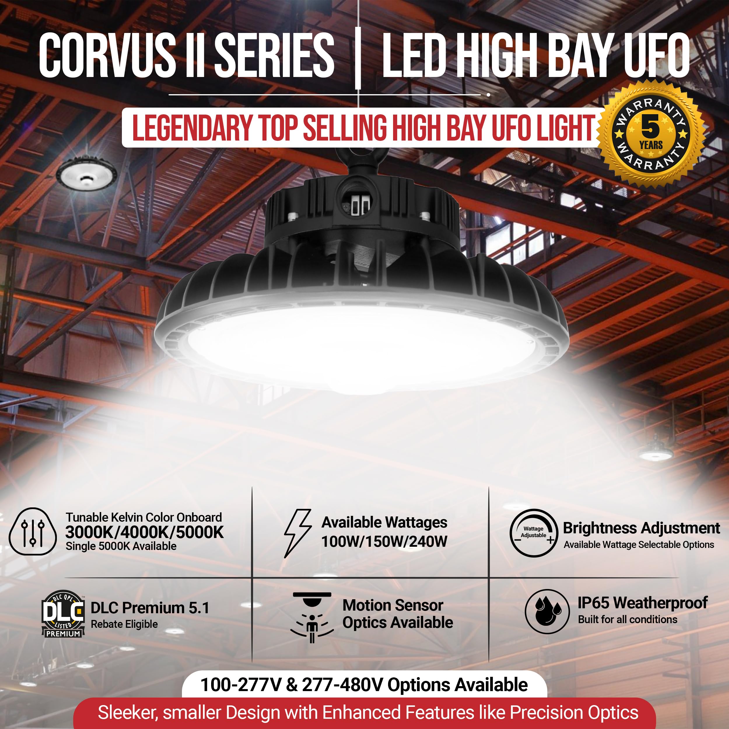 RuggedGrade 100 Watt - Corvus II Series - LED High Bay UFO - 14,500 Lumen - 4000K - DLC Premium 5.1