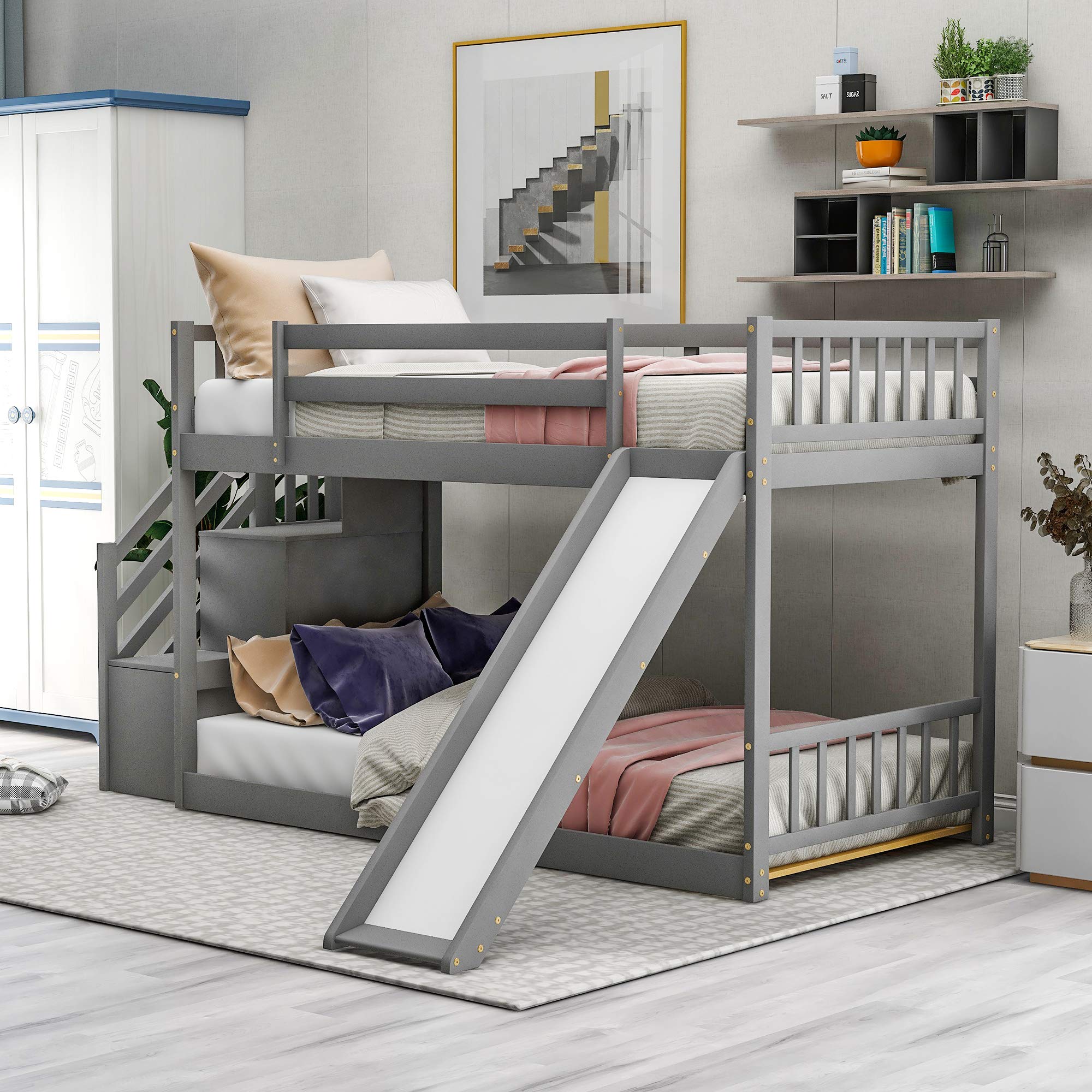 Twin Over Twin Bunk Bed with Slide and Storage Staircase, Twin Size Bunk Bed for Kids, Teens, No Box Spring Needed (Gray, Twin Over Twin)
