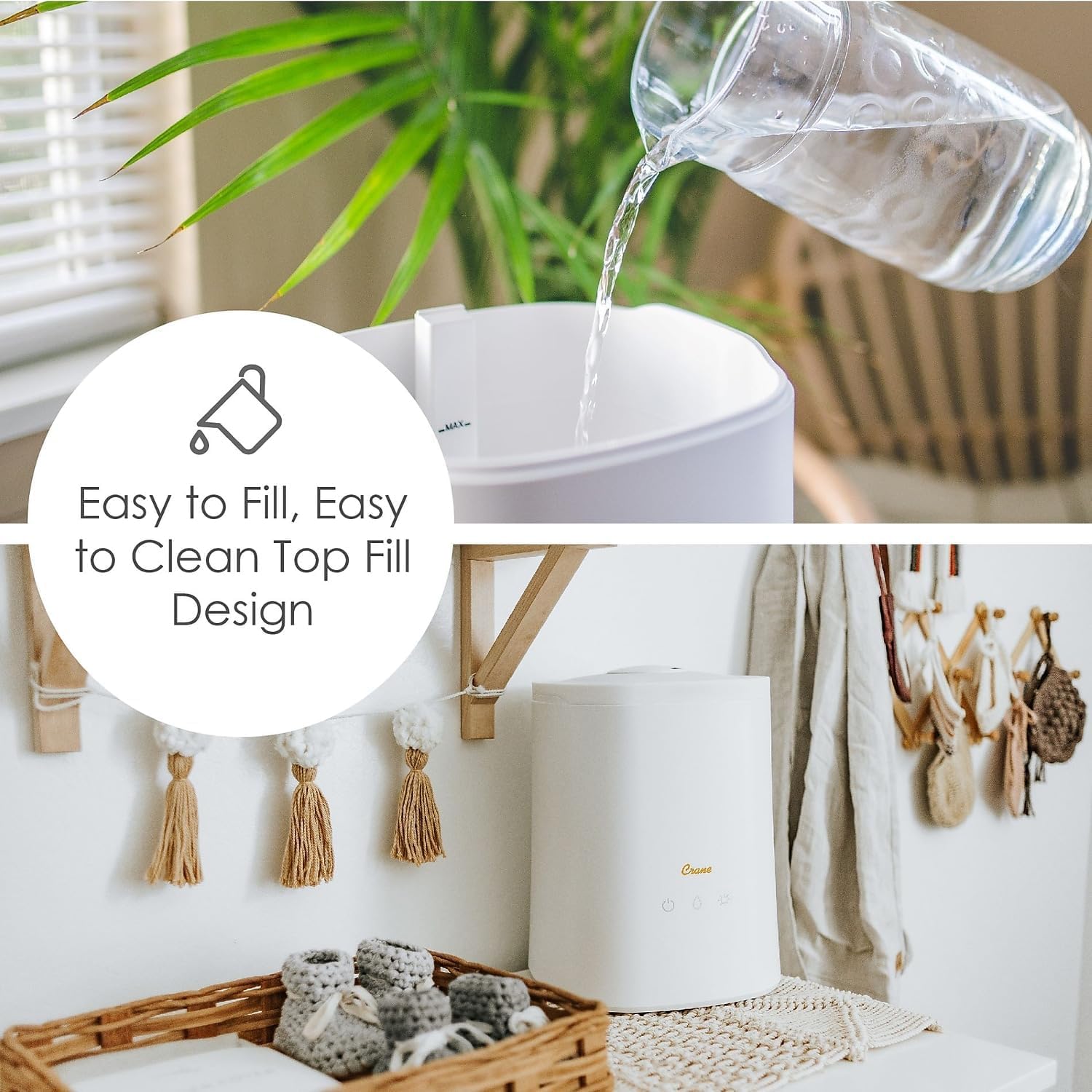 Crane Diffuser and Top Fill Ultrasonic Air Humidifiers for Bedroom and Office, 1.2 Gallon Cool Mist Humidifier for Large Room and Home, No Humidifier Filters Needed, White