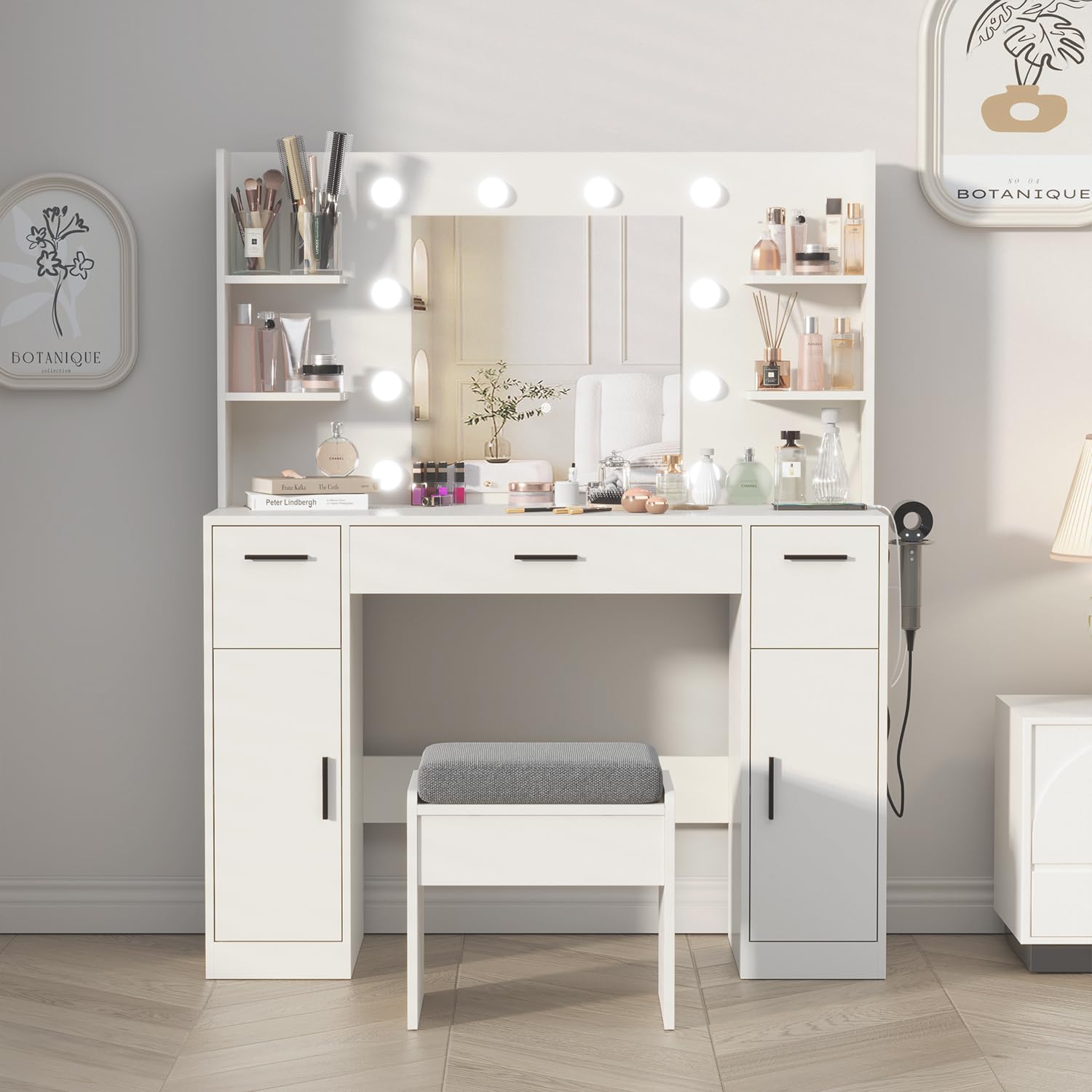 MECHYIN Vanity Desk, Make up Vanity Desk with Mirror and Lights, Vanity with Power Outlet and Stool, 3 Drawer 3 cabinets Storage Unit Dresser, Vanity with Lights 3 Models Settings for Bedroom (White)