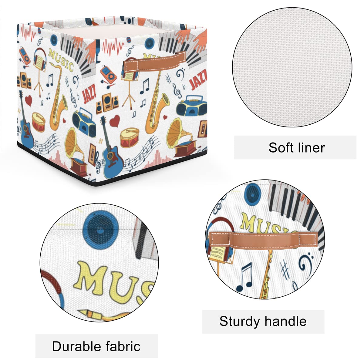OMFUNS Music Piano Storage Basket 13x13 Musical Instruments Collapsible Cube Storage Bin with Handle Fabric Storage Box Organizing for Closet Shelf Home Office Dorm Nursery Toy Basket