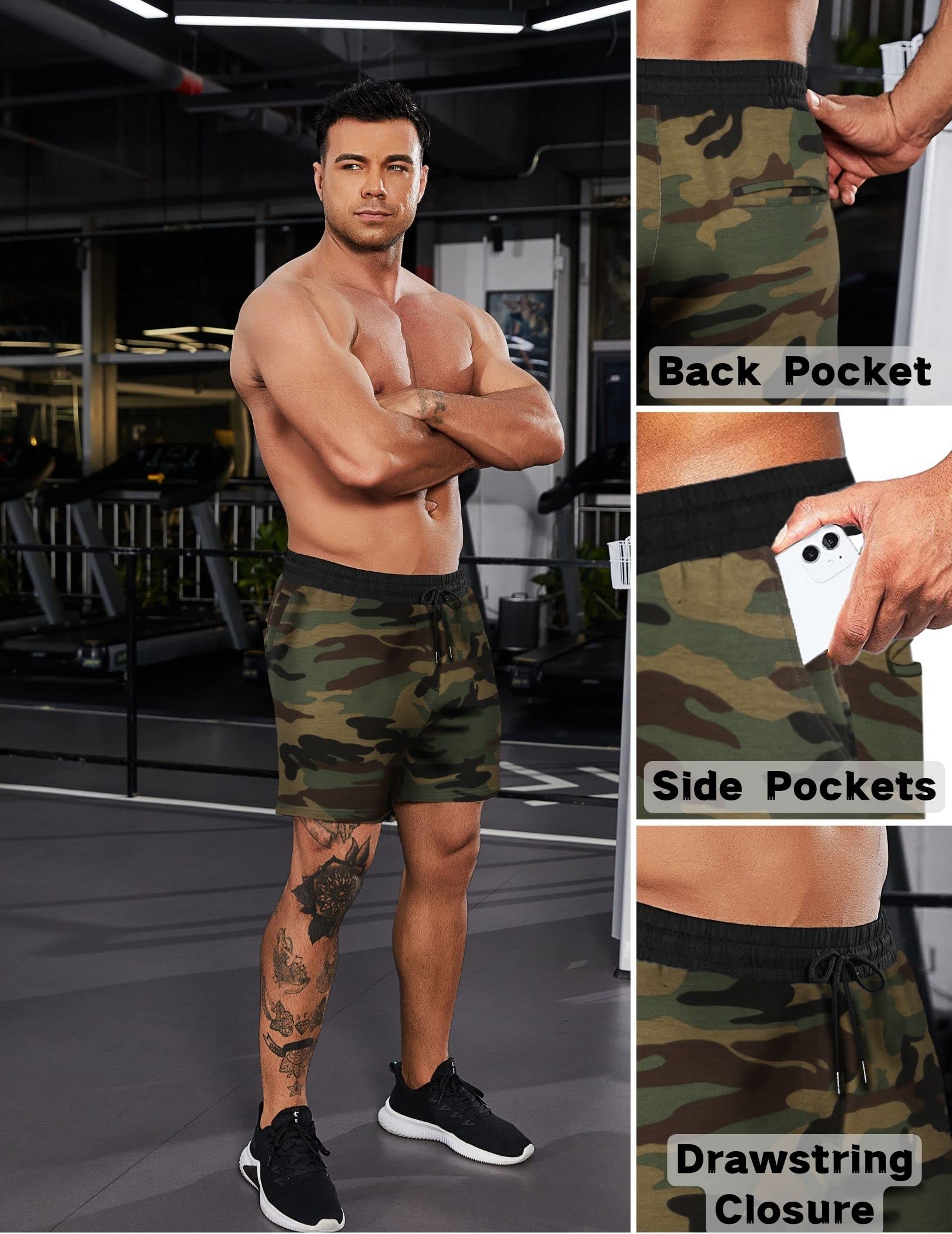 COOFANDY Men's Dry-Fit Sweat Resistant Active Athletic Performance Shorts, Green Camo, Large