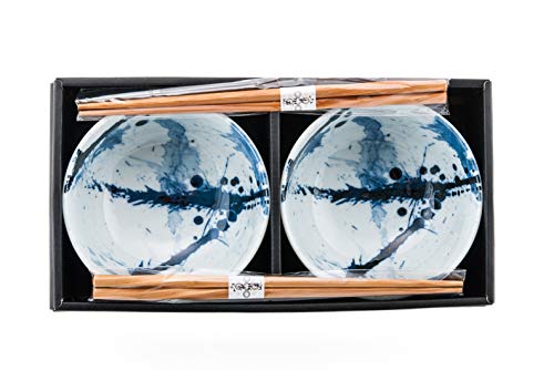 Ebros Gift Made In Japan Blue Splash Paint Abstract Art Design Porcelain Bowls With Bamboo Chopsticks Set Of 2 For Salad Ramen Pho Soup Cereal Home Kitchen Decorative Japanese Artistic Bowl