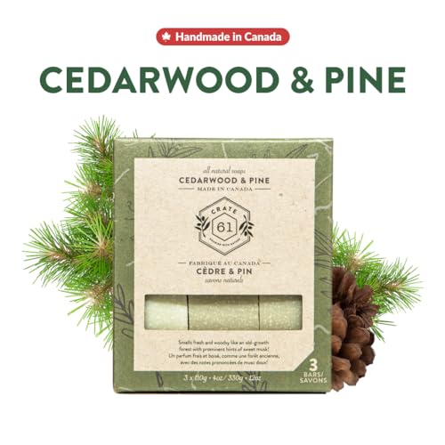 Crate 61, Handmade in Canada, Plant Based Cold Process Natural Bar Soap For Face And Body, With Premium Essential Oils, Eucalyptus & Peppermint For Men And Women 3 Pack (Cedarwood Pine)