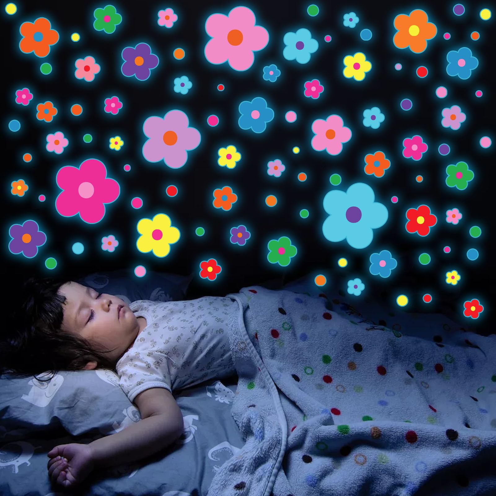 Glow in The Dark Y2k Cute Flowers Wall DecalsďźGlowing Luminous Colorful Floral Wall Stickers Colorful Removable self-Adhesive Flower Decals for Girls Bedroom Kids Baby Nursery Living Room Decoration