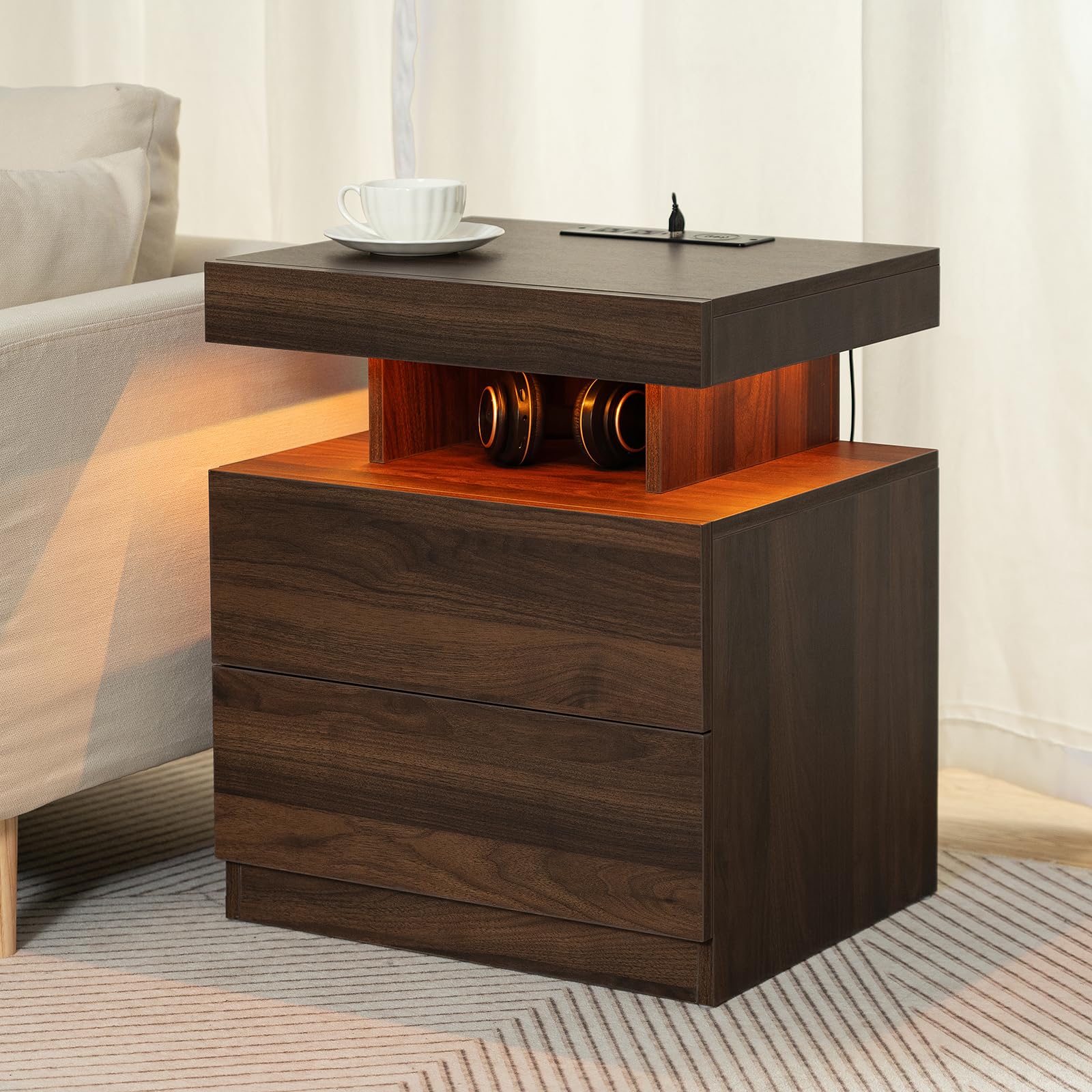HOMMPA Rustic Nightstand with Wireless Charging Station LED Bedside Table with 2 Drawers End Table with Open Shelf Smart Nightstand USB Night Stand with Led Light for Bedroom Dark Walnut Wood