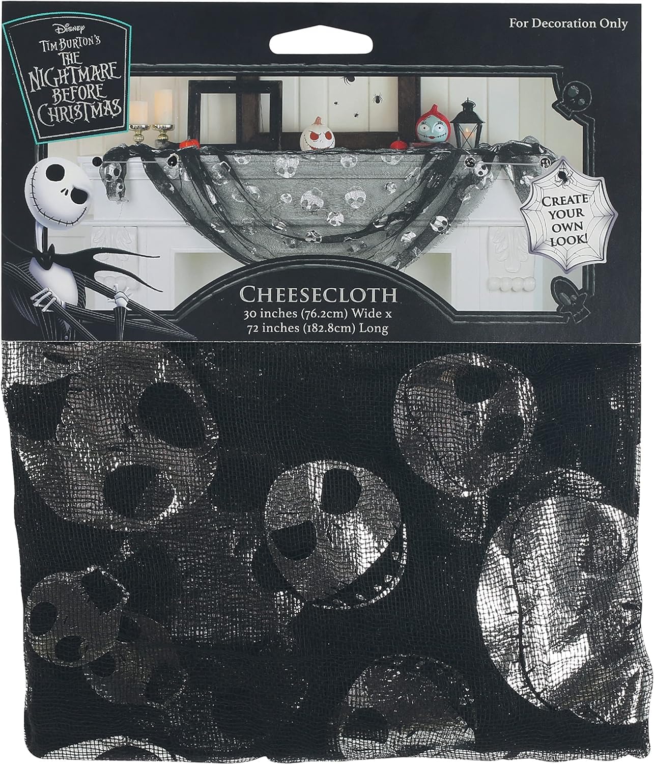 Seasons Disney The Nightmare Before Christmas Jack Skellington Cheesecloth Decorative Fabric, 6 ft x 1.5 ft,Black and Silver