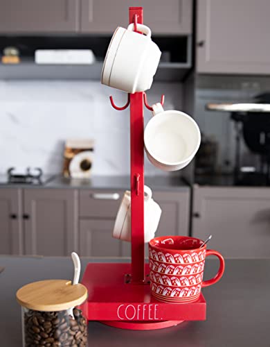 Rae Dunn Red Christmas Coffee Mug Holder with 6 Hanging Hooks – Coffee Cup Rack Storage Display Organizer Stand for Kitchen Counter or Cafe Countertop – Inside Christmas Decorations Indoor Home Decor