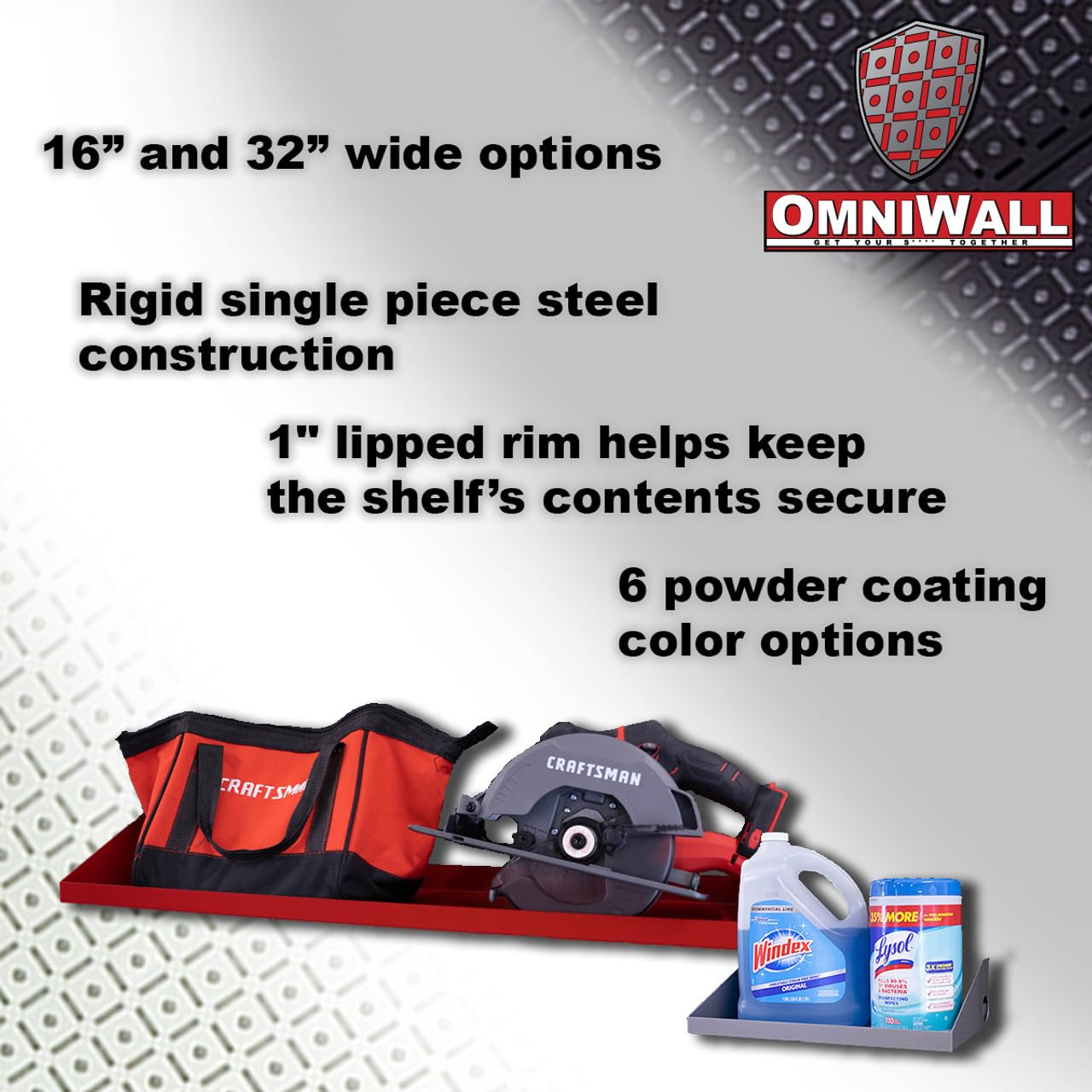 OmniWall Impact Shelf 8"x32" – Low Profile Solid Metal Shelf, No Assembly Required, Includes OmniClips, Multiple Color Options – Ideal for Power Tools & Cable Management (Silver)