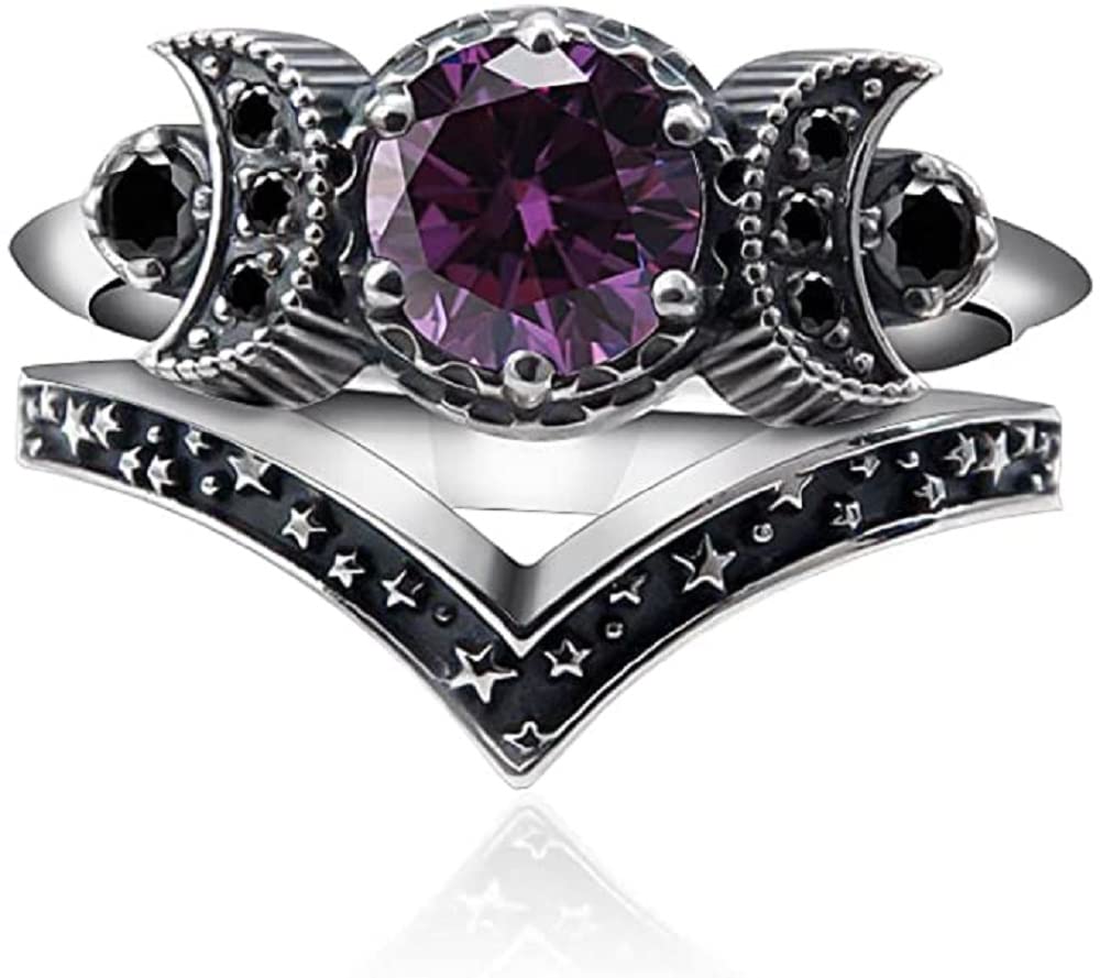 Fuqimanman2020 Wicca Pagan Triple Moon Godness Band Ring Set Purple Crystal Cresent for Women Wedding Engagement Promise Jewelry-8