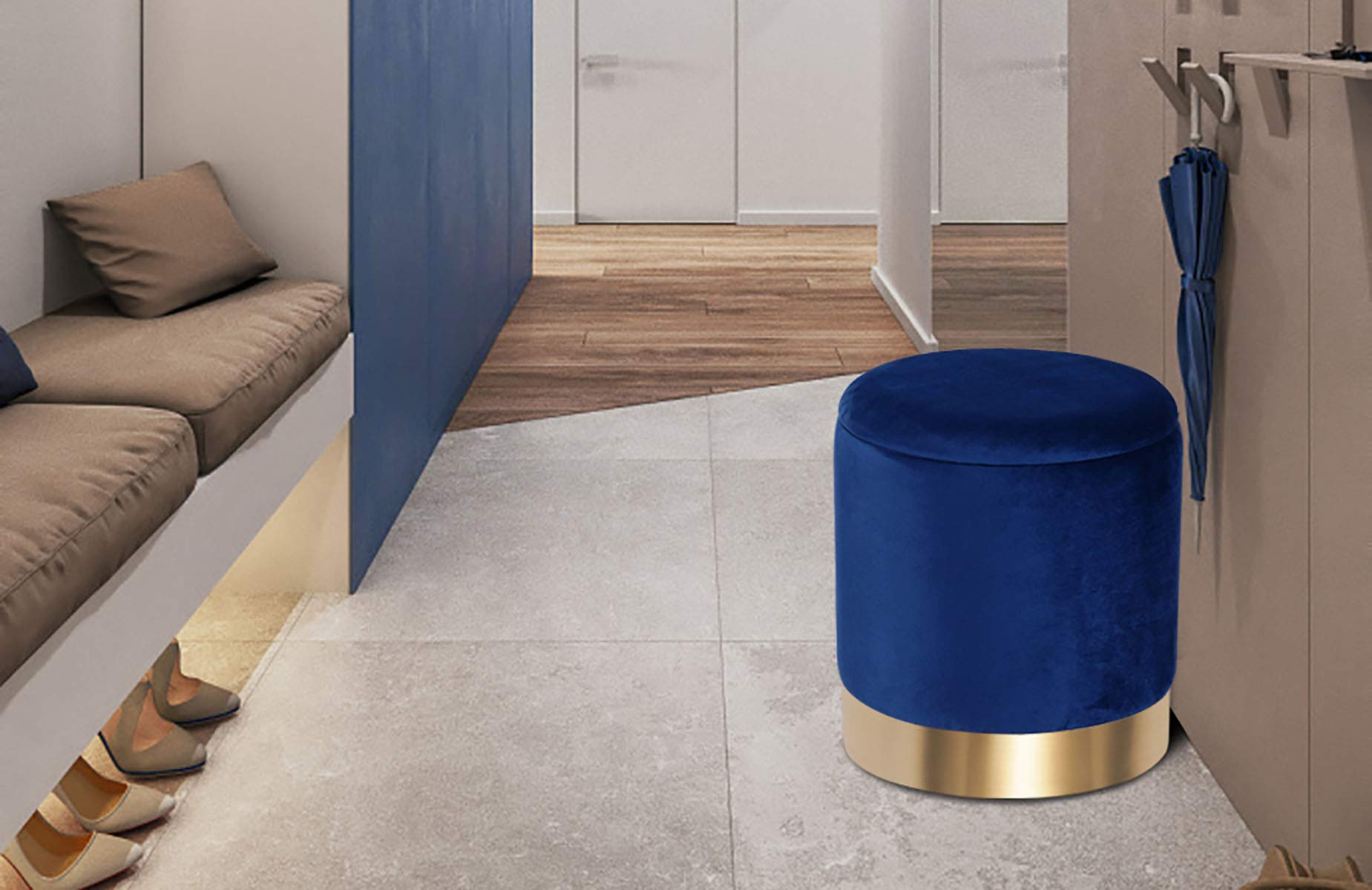 DEERUN Round Velvet Storage Ottoman Foot Rest Stool/Upholstered Footstool with Gold Plating Base,Pack of 2 (Blue)