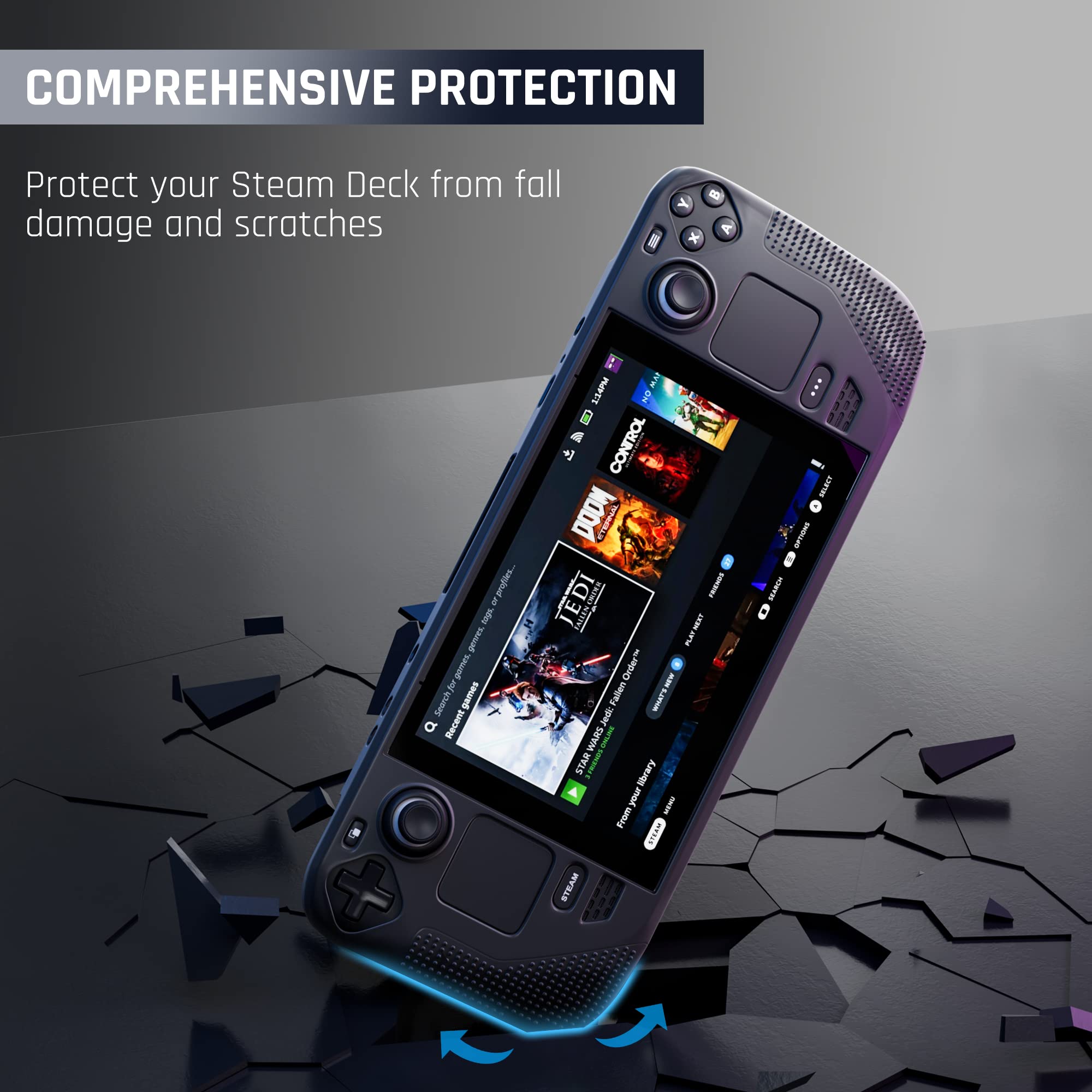 GLDRAM Case Kit for Steam Deck, Soft Silicone Cover Shock Absorption, Anti-Scratch, Ergonomic Grip Case for Steam Deck, Black Skin with 2Screen Protector,8 Thumb Caps, Full Protection Game Accessories