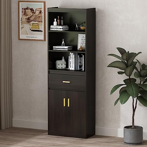 Hitow Slim Narrow Corner Bookcase with Doors and Drawer, Freestanding Tall Storage Cabinet with 3 Tiers Open Shelf, Wooden Bookshelf in Dark Brown, Type A (23.6" W x 11.8" D x 70.8" H)