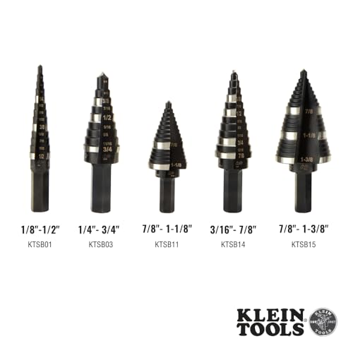 Klein Tools KTSB15 Step Drill Bit #15 Double Fluted 7/8 to 1-3/8-Inch with Easy-to-Read Step Markings and Targets, 3/8-Inch Hex Shank