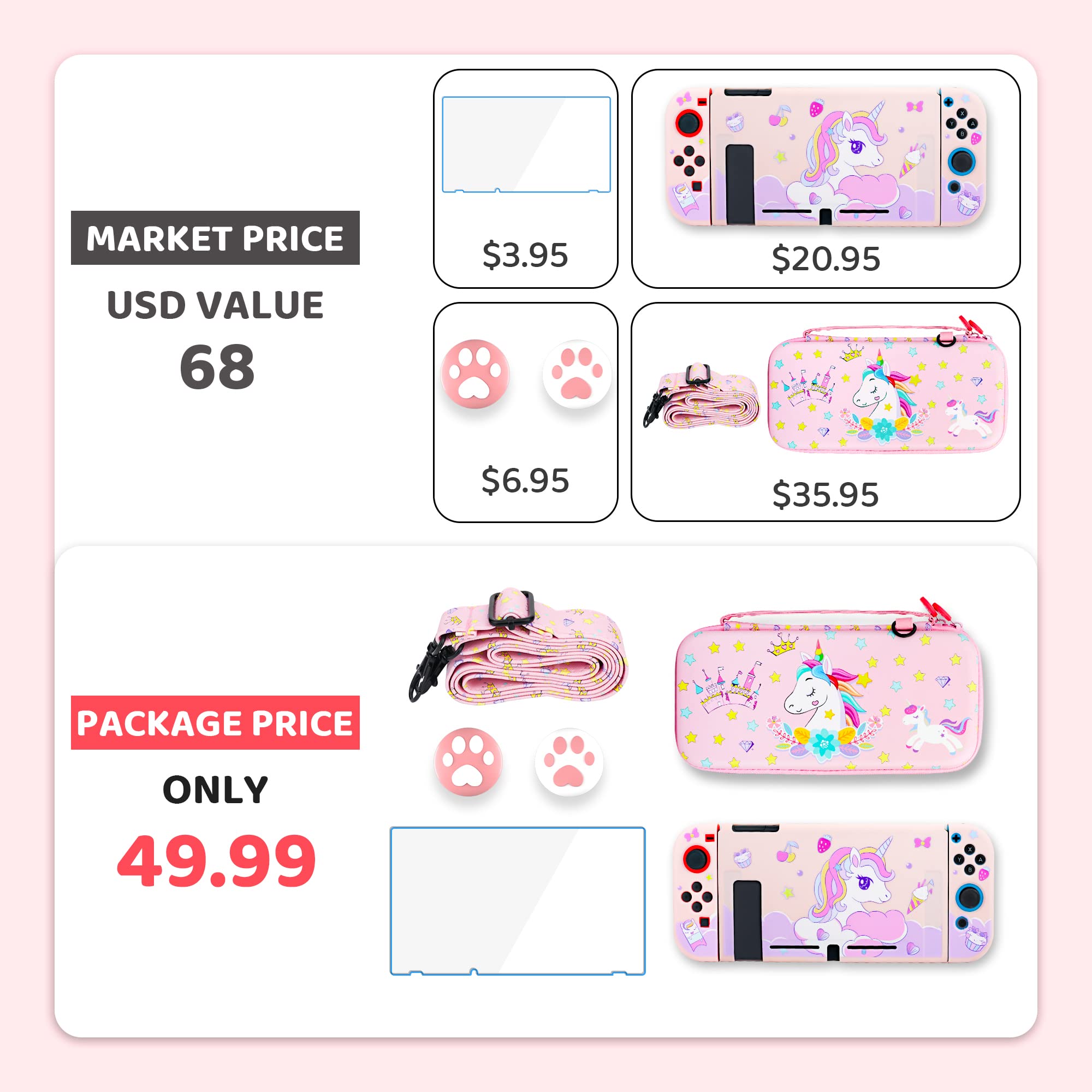 GLDRAM Unicorn Case for Nintendo Switch Accessories, Pink Carrying Case Bundle with Travel Bag, Soft TPU Cover, Screen Protector, Paw Thumb Grip Caps, Shoulder Strap, Cute Switch Kit for Girls