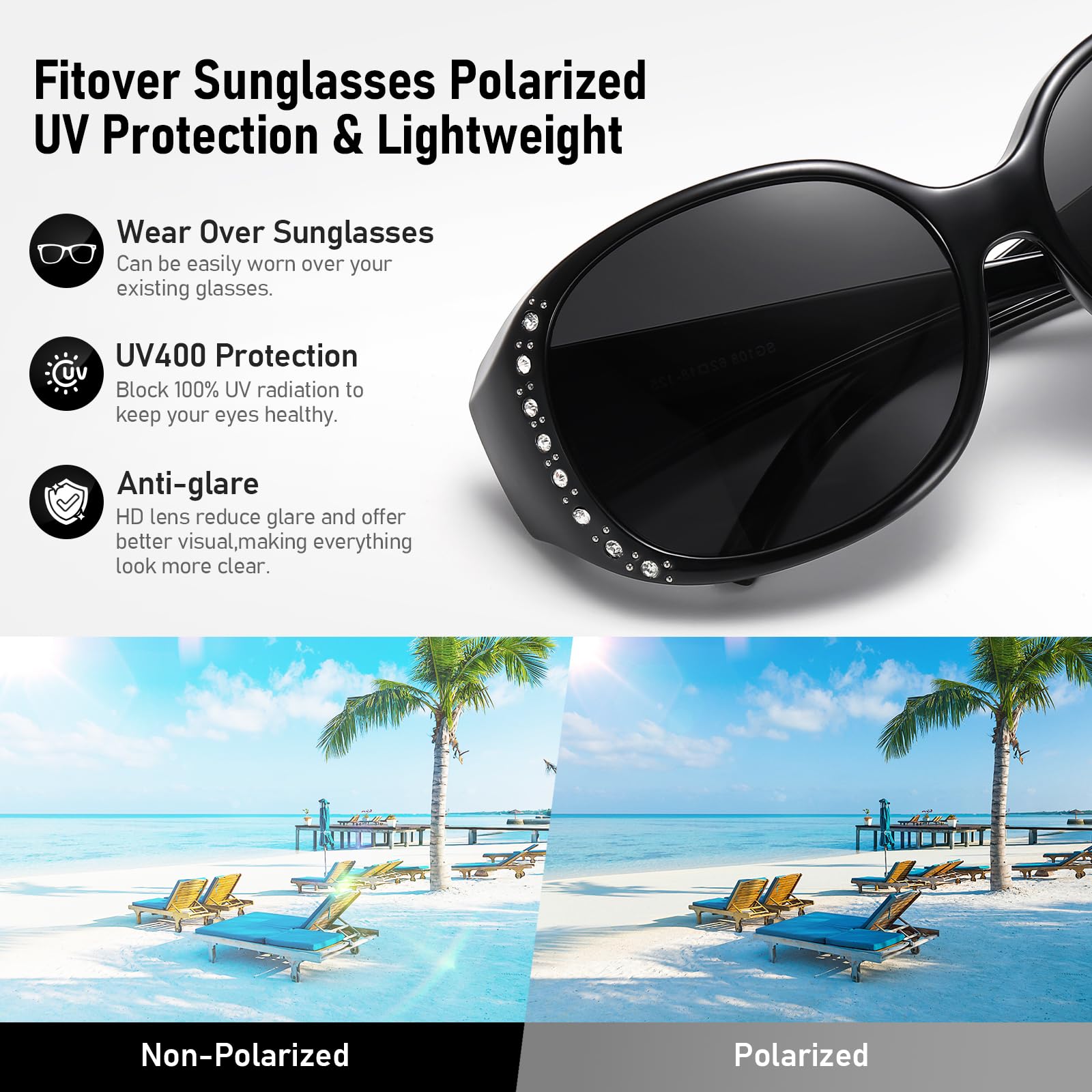 HAOLOTA Women's Polarized Fit Over Sunglasses with Rhinestone, Sun Glasses for Prescription Glasses UV400 Protection