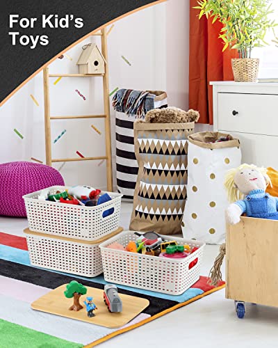 EOENVIVS Set of 6 Storage Baskets With Bamboo Lids, Plastic Storage Bins for Pantry Organization and Storage Containers for Shelves Drawers Desktop Closet Playroom Classroom Office Home, White