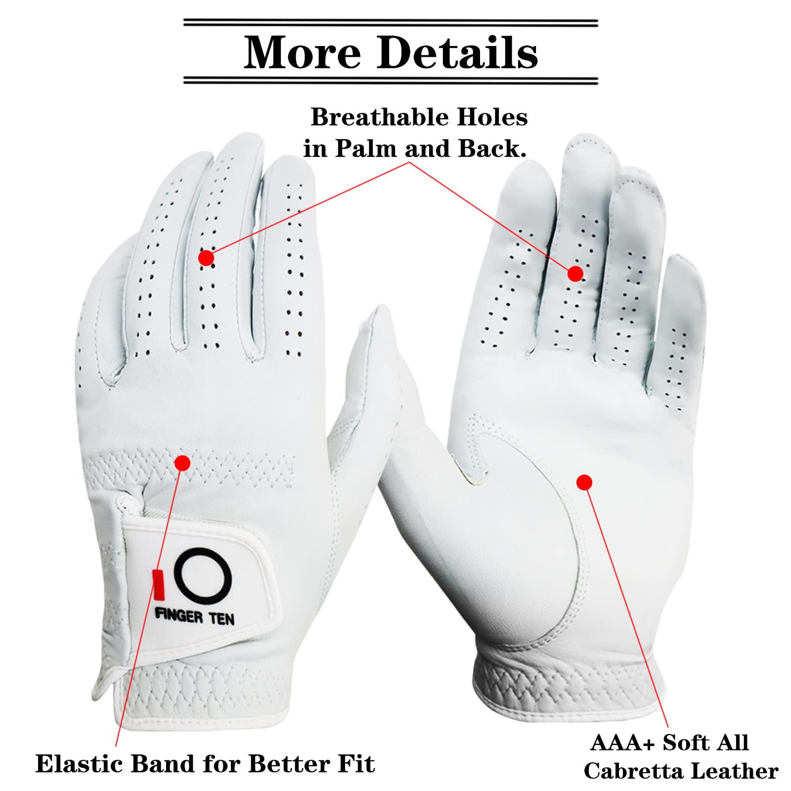 FINGER TEN Golf Gloves Men Right Handed Golfer Left Hand 3 Pack Cabretta Leather White Soft All Weather Grip Breathable Lightweight Flexible Glove (White, Large, Worn on Left Hand)