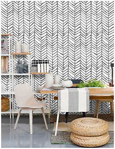 HAOKHOME 96020-1 Boho Stripe Peel and Stick Wallpaper Herringbone Black White Vinyl Self Adhesive Room Decor Contact Paper 17.7in x 9.8ft