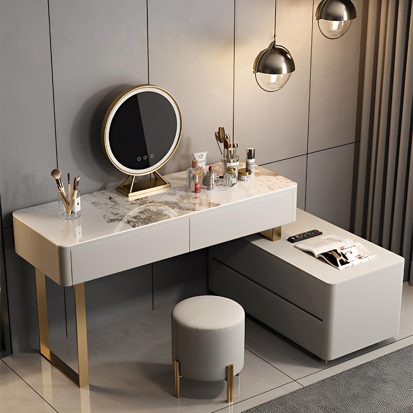 Onaninso Makeup Vanity Table with Lighted Mirror, Vanity Desk with Slate Tabletop and Solid Wood Frame, 4 Drawers, Stool, Side Cabinet, Vanity Set for Bedroom (47.2in)