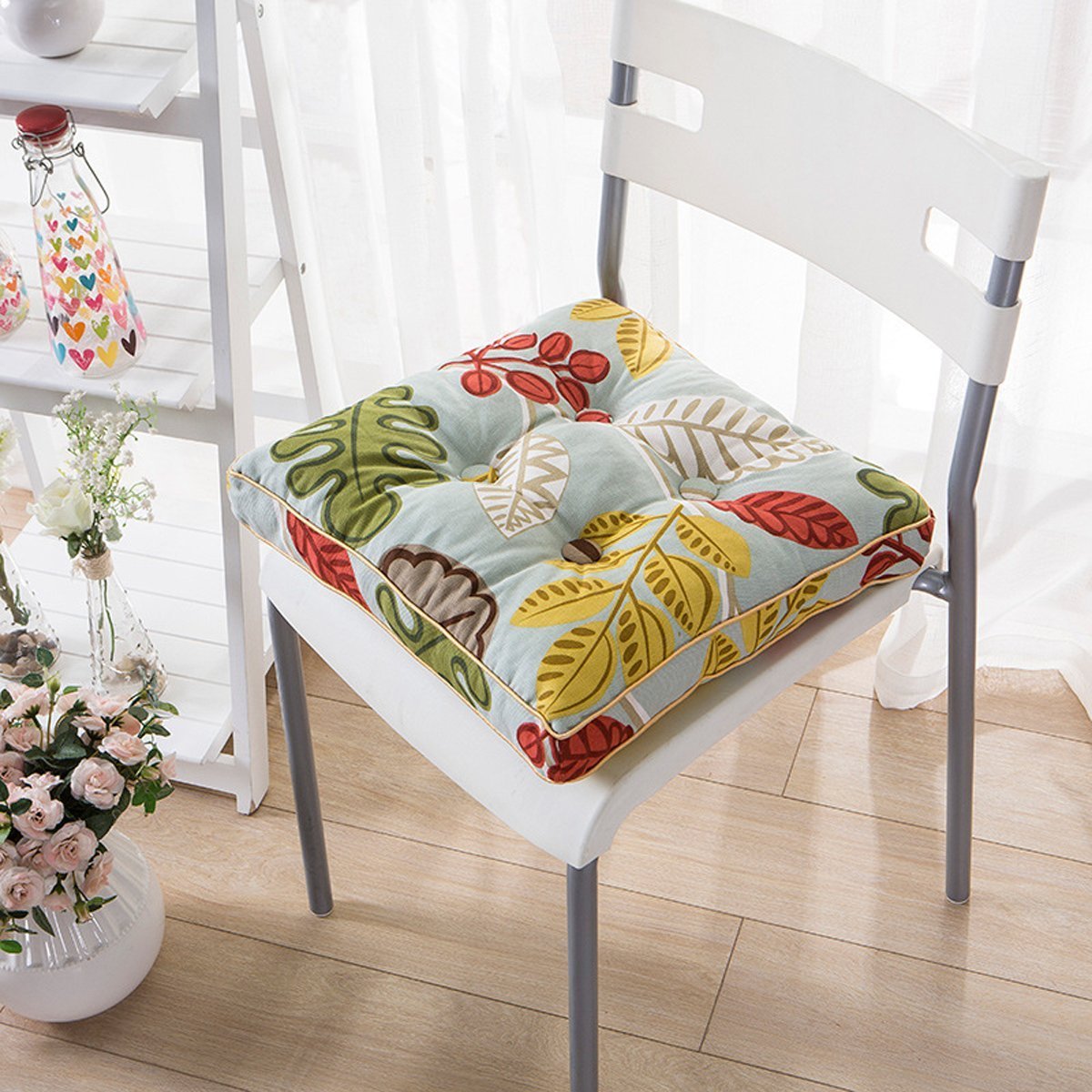 EONSHINE Luxury Square Polyester Filled Indoor Outdoor Chair Pad Cushion for Home Office Dinning Chair, Set of 1 (16 by 16 inches, 100% Cotton Canvas Fabric) (Leaf)