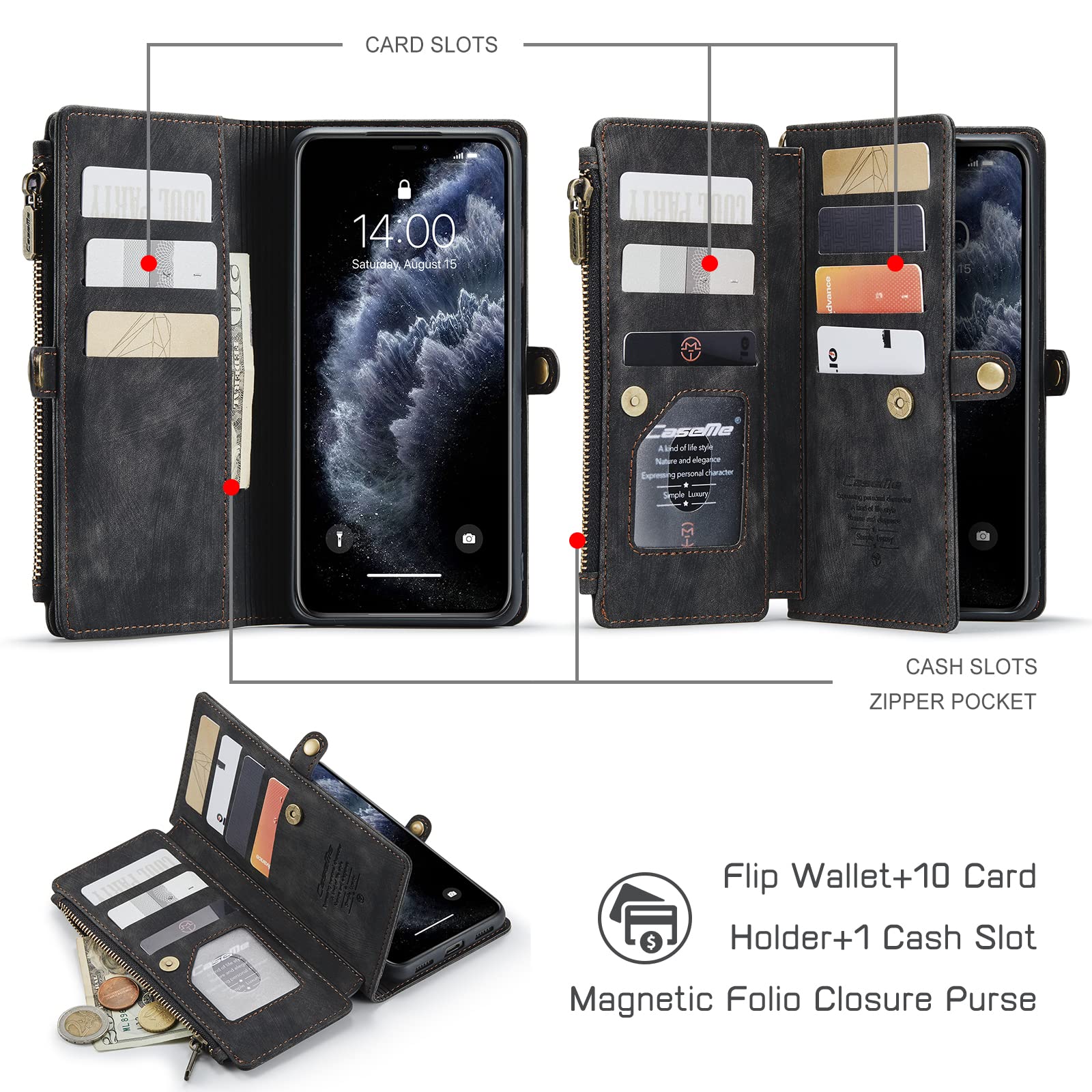 Defencase for iPhone 11 Pro Max Case, for iPhone 11 Pro Max Wallet Case for Women Men, Durable PU Leather Magnetic Flip Strap Zipper Card Holder Phone Case for iPhone 11 Pro Max 6.5-inches, Black