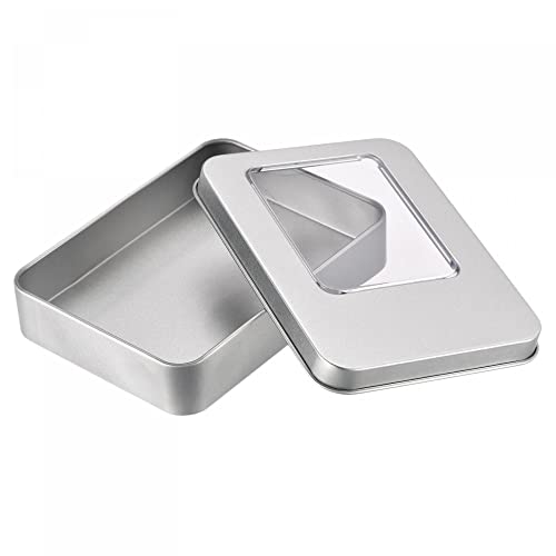 uxcell Metal Tin Box, 2pcs 4.53" x 3.35" x 0.87" Rectangular Empty Tinplate Storage Containers with Clear Window Lids, Silver Tone