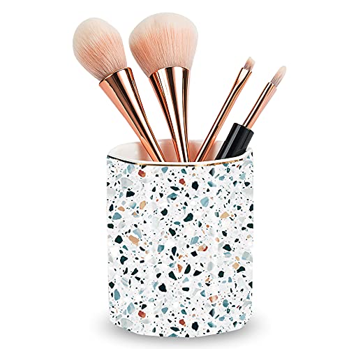 LEAZUL Pen Holder, Makeup Brush Holder Ceramic Shiny Gold Terrazzo Marble Stone Pattern Pencil Cup for Girls Kids Women Durable Stand Desk Organizer Storage Gift for Office, Classroom, Home Light Blue