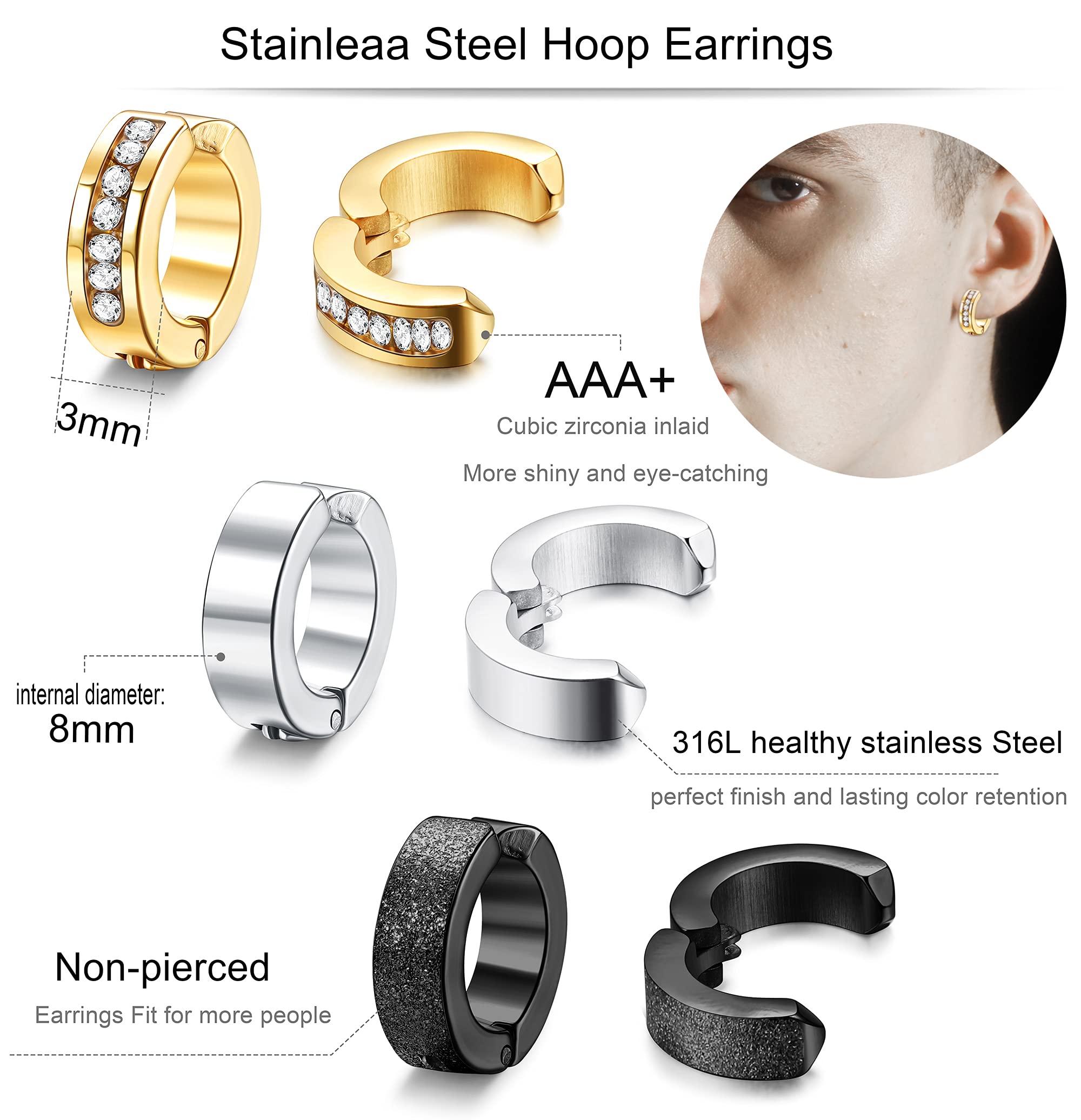 FIBO STEEL 9 Pairs Non-Piercing Earrings Stainless Steel Clip On Hoop Earrings For Men Women Paved CZ Ear Clip