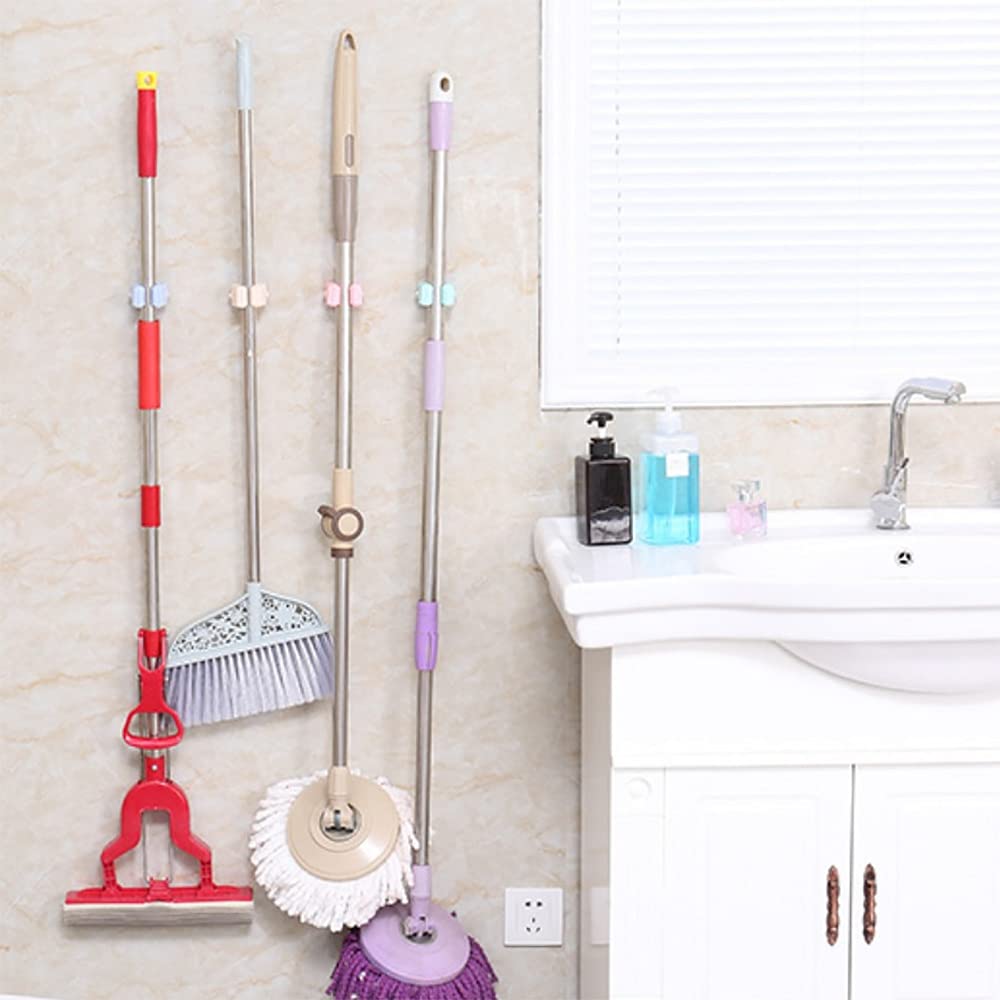 QWEQWE Broom Mop Wall Mount Holder Self Adhesive Tape, Brush Broom Gripper Holds, Storage Racks & Organization for Your Home, Kitchen Pan, Garage Bathroom Garden Tool Rack No Drilling 2 Pack-Blue
